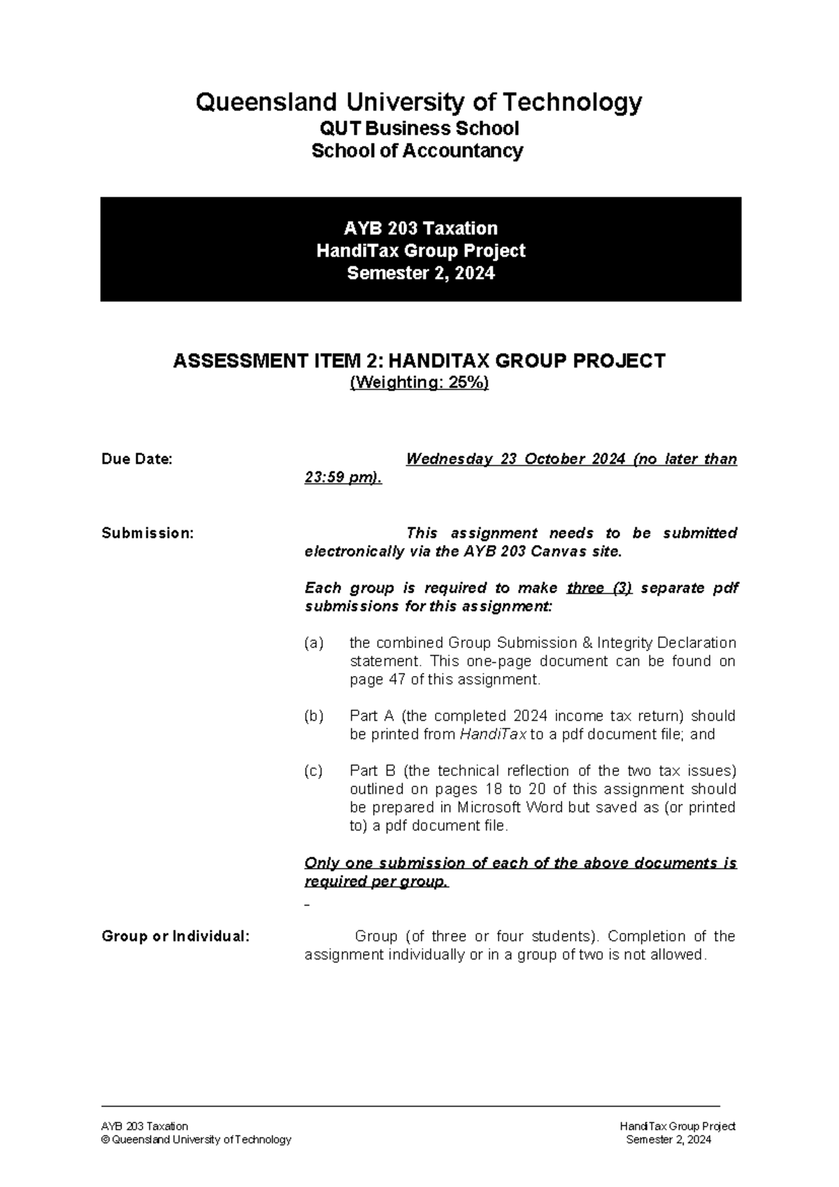 Handi Tax Assignment - Semester 2, 2024-3 - Queensland University of ...
