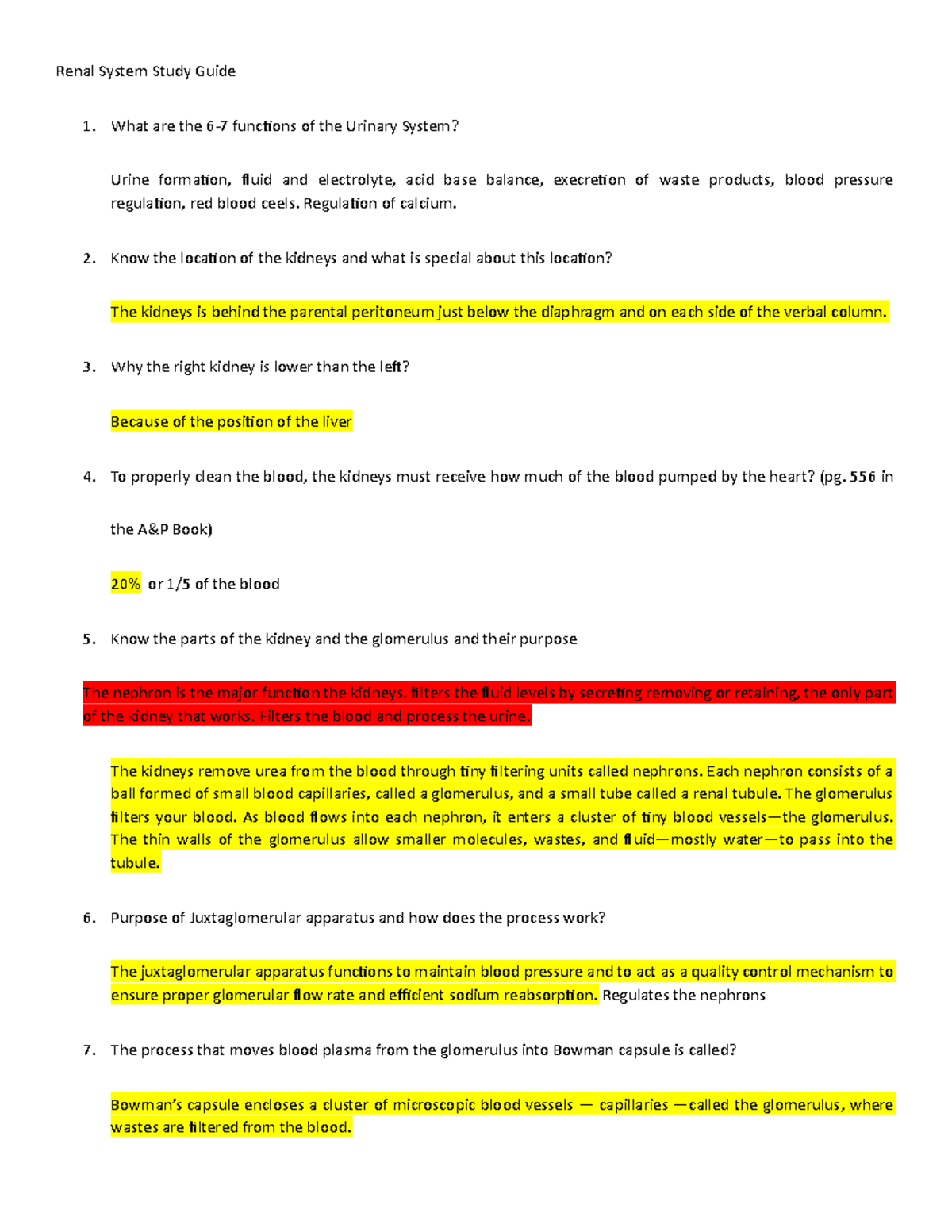 Renal System Study Guide - What are the 6-7 functions of the Urinary ...
