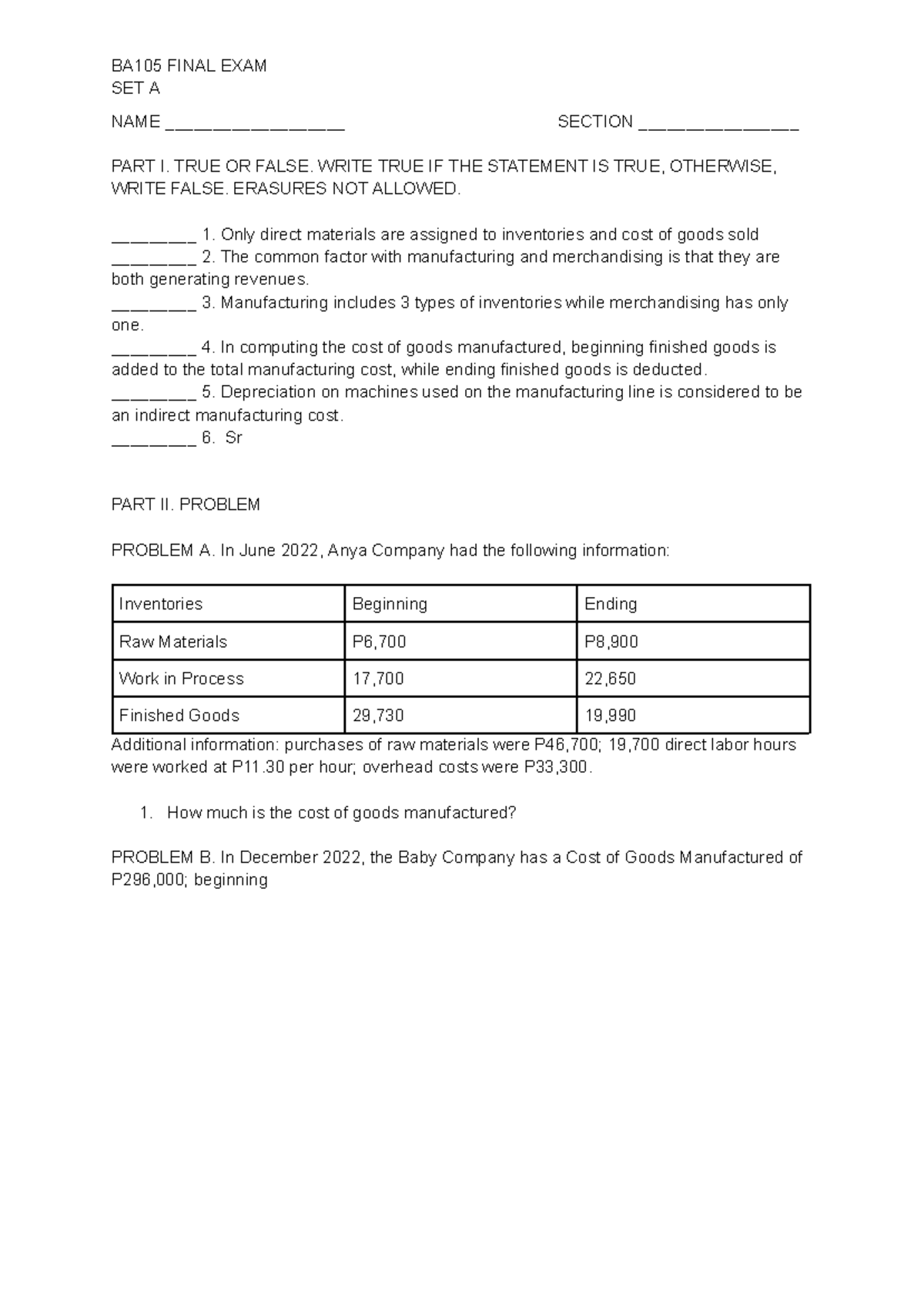 BA 105 Exam in Manufacturing - BA105 FINAL EXAM SET A NAME ...