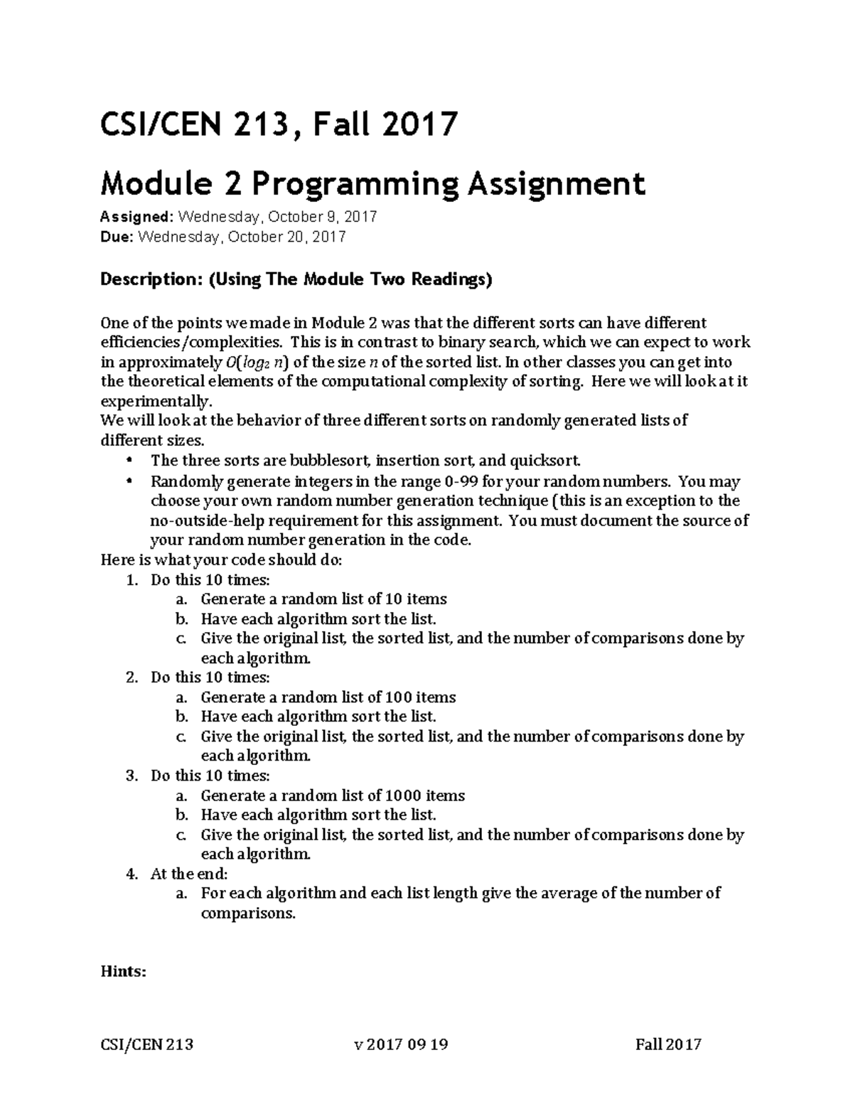 CSI 213 F17 M2 P1 2017 10 09 - 213, Fall 2017 Module 2 Programming ...