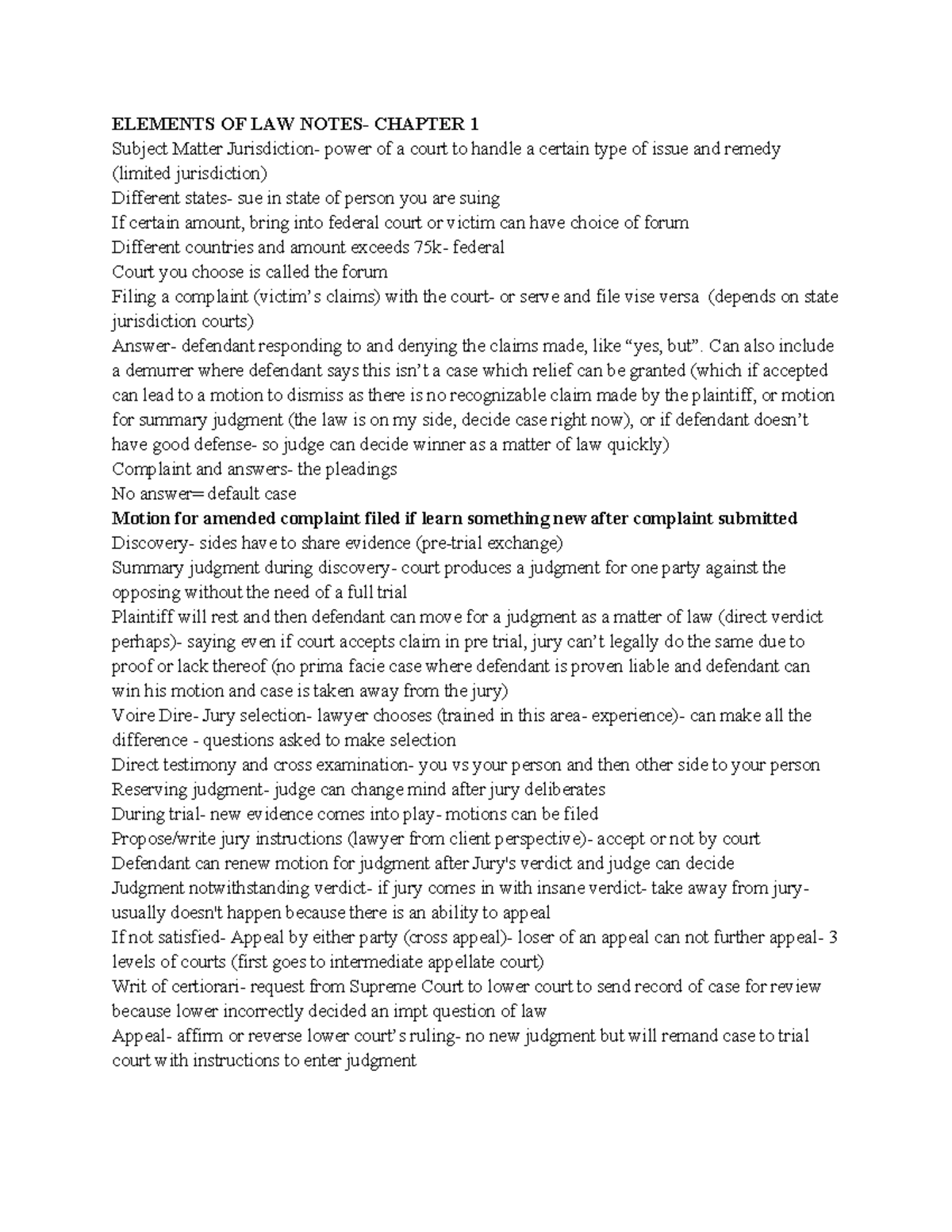 Elements OF LAW Notes - ELEMENTS OF LAW NOTES- CHAPTER 1 Subject Matter ...