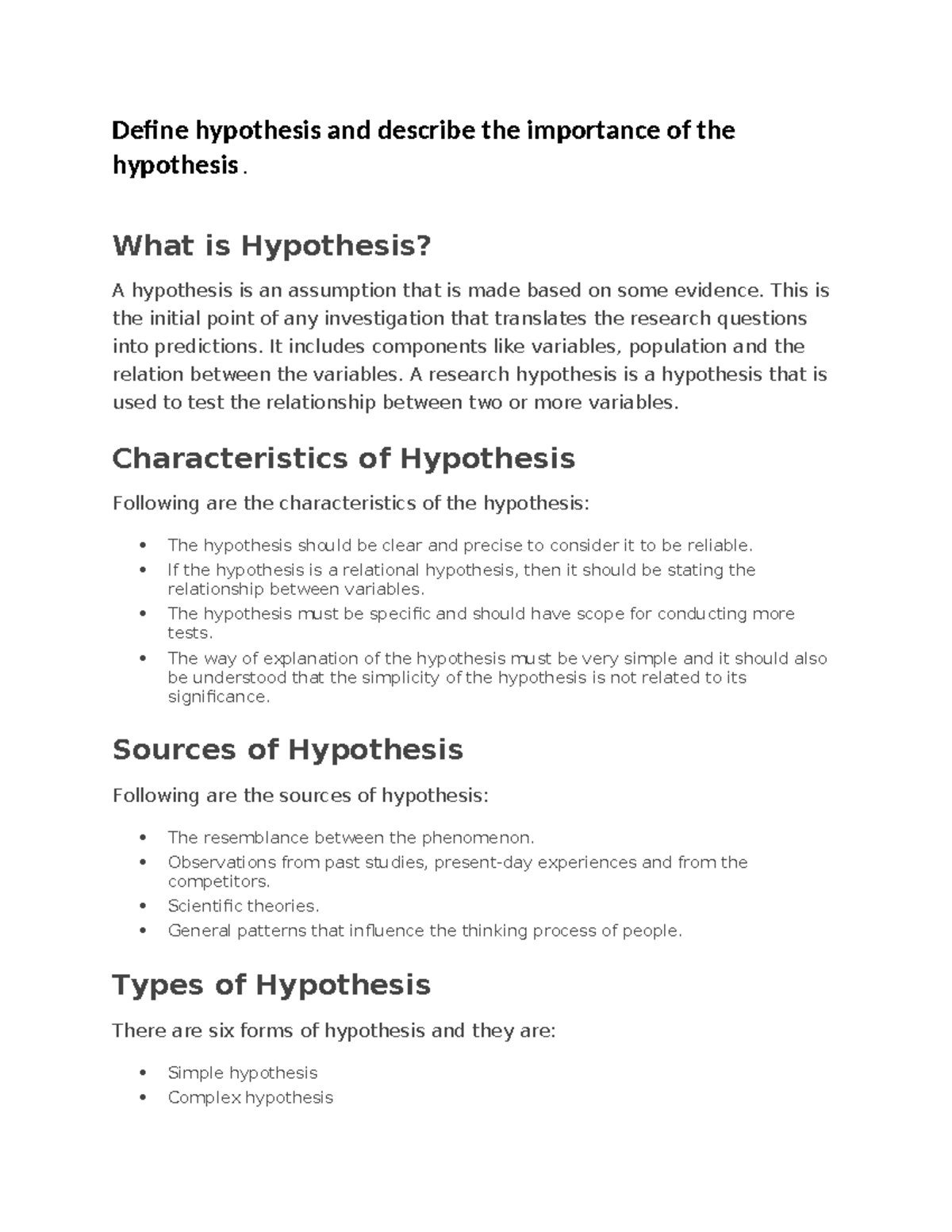 Define hypothesis and describe the importance of the hypothesis - What ...