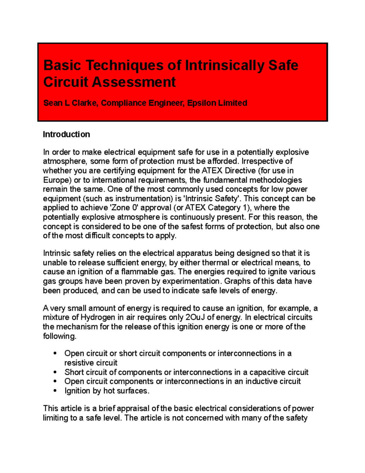 Basic Techniques of Intrinsically Safe Circuit Assessment - Irrespective of whether you are ...