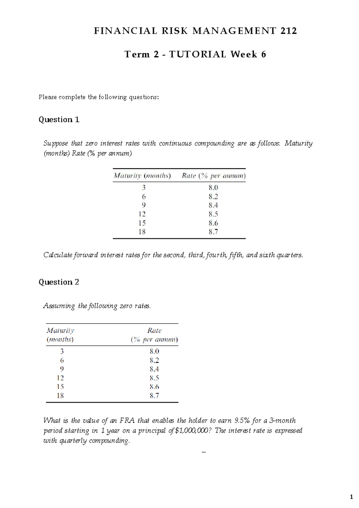 FRM212 - Term 2 - Tutorial Week 6 - FINANCIAL RISK MANAGEMENT 212 Term 2 - TUTORIAL Week 6 ...