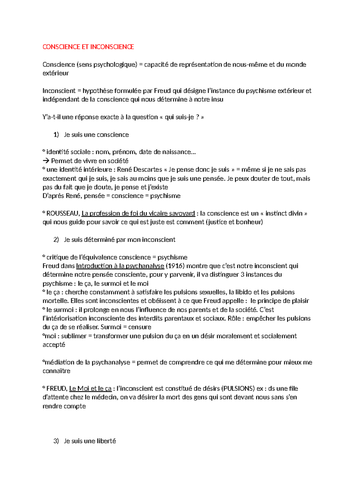 Conscience et inconscience Philo - CONSCIENCE ET INCONSCIENCE Conscience (sens psychologique ...