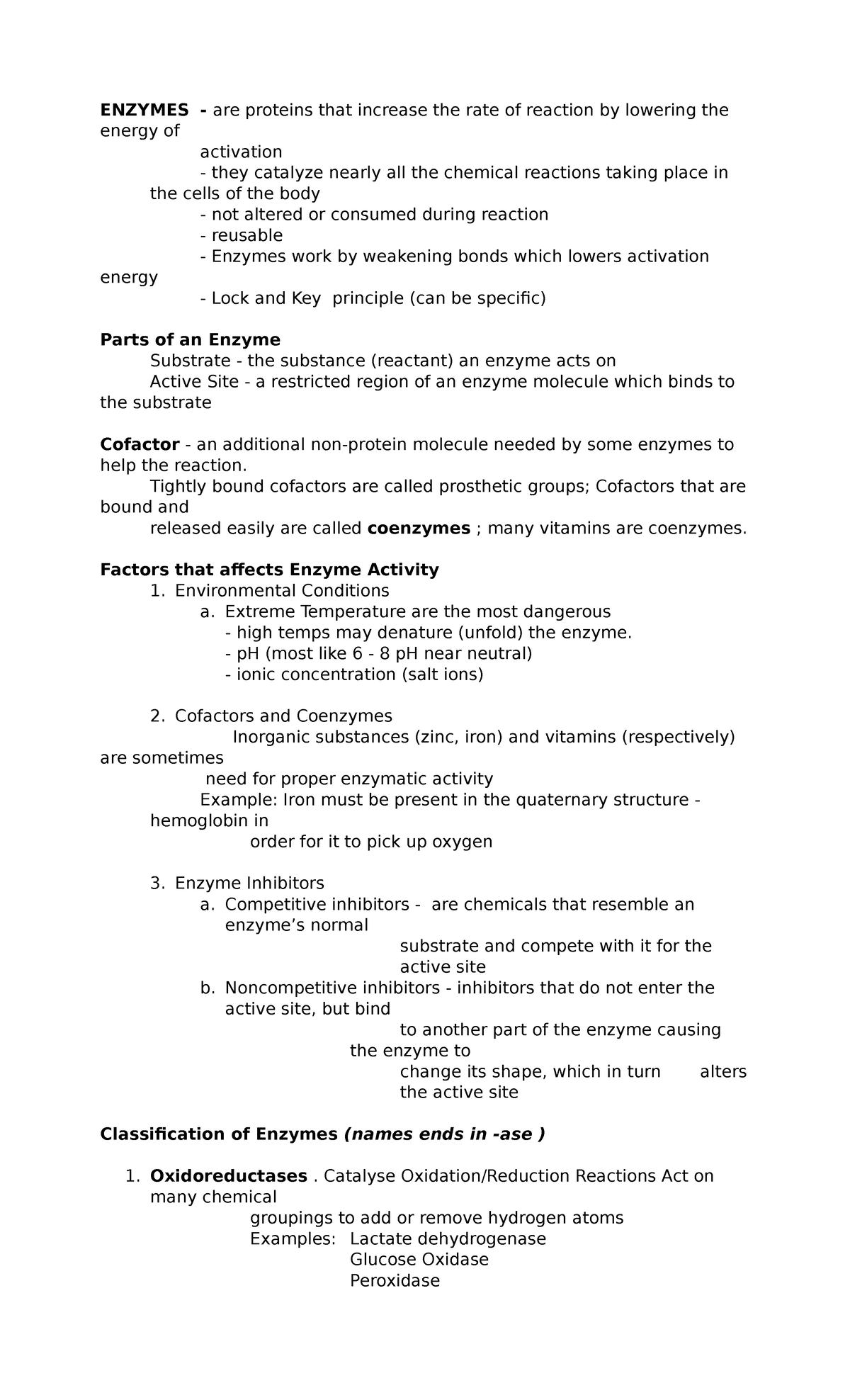 Notes in Enzymes (first semester) - biology - ENZYMES - are proteins ...