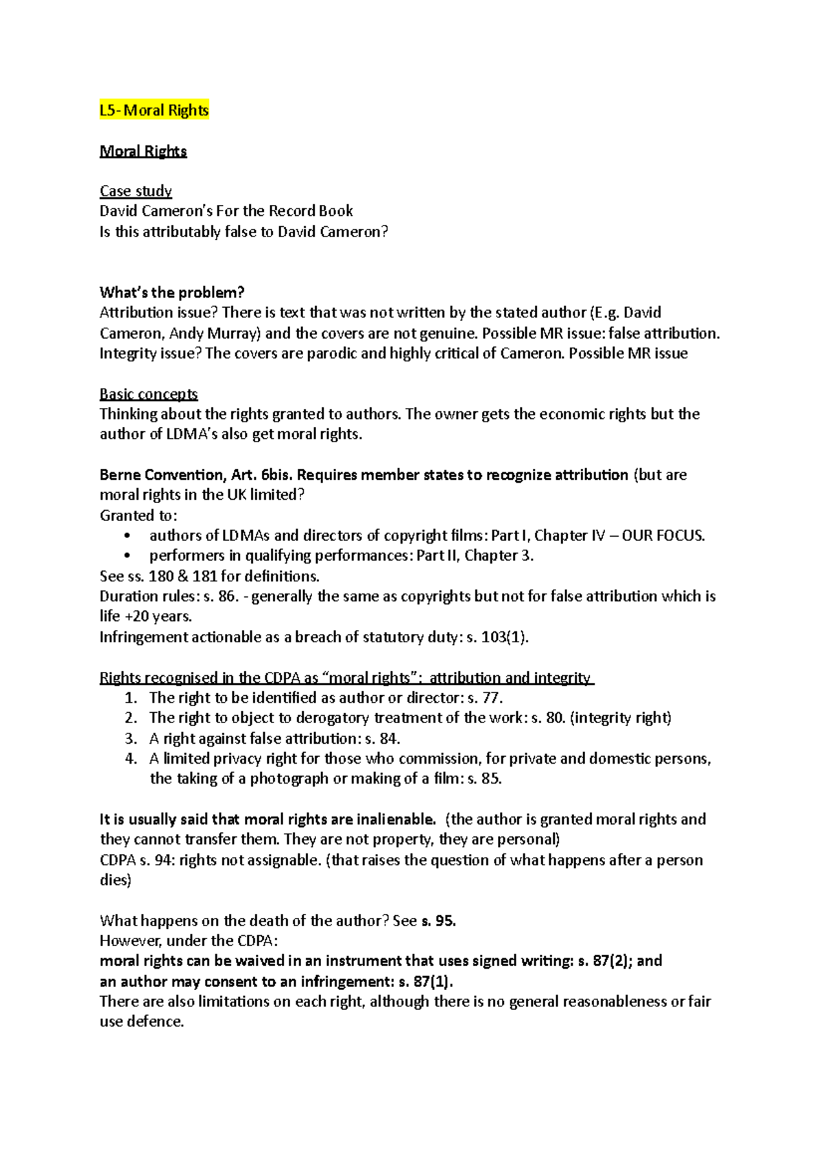 L5 Moral rights - Lecture notes 5 - L5- Moral Rights Moral Rights Case ...