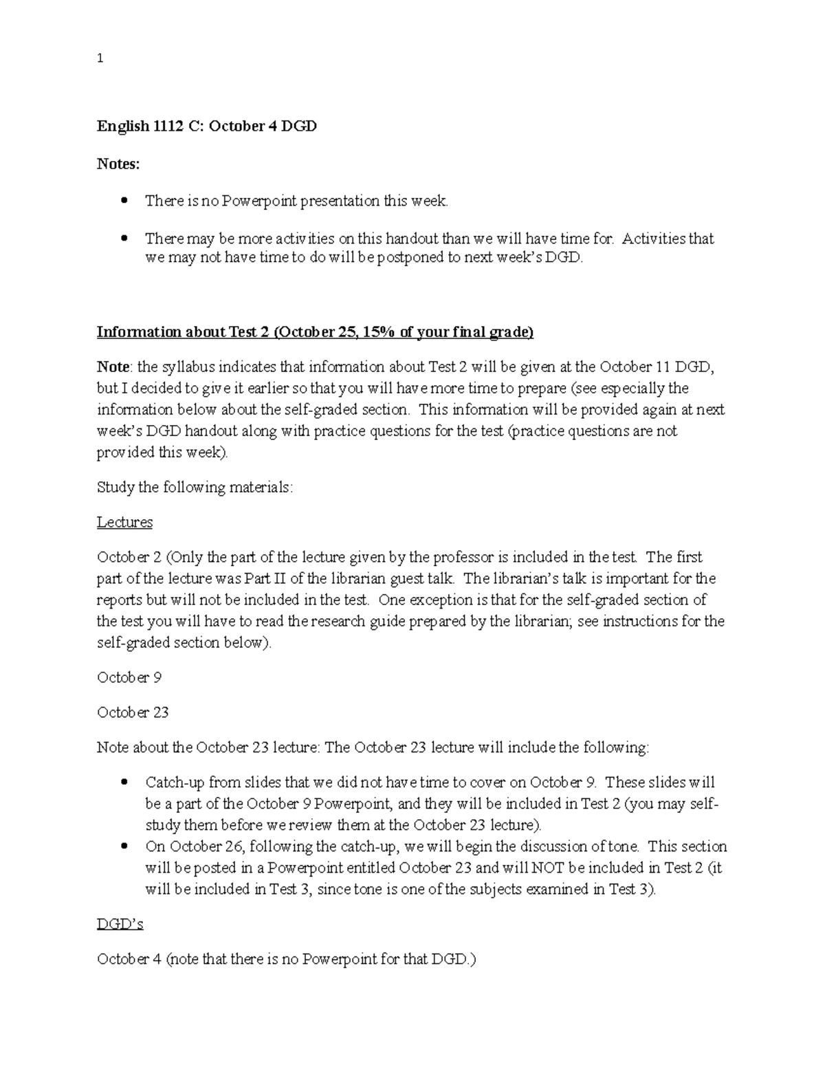 ENG1112 Oct 4 DGD handout - English 1112 C: October 4 DGD Notes: There ...