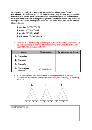 Workshop answers - Q1. 3 species are endemic to a group of islands and ...
