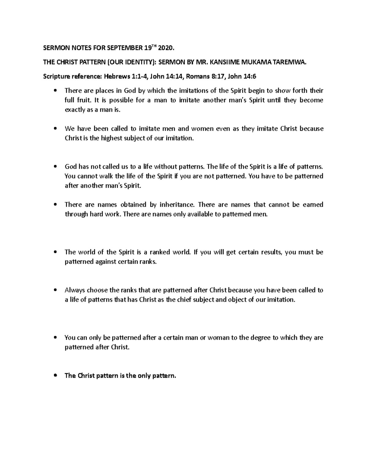 THE Christ Pattern (OUR Identity) - SERMON NOTES FOR SEPTEMBER 19TH ...