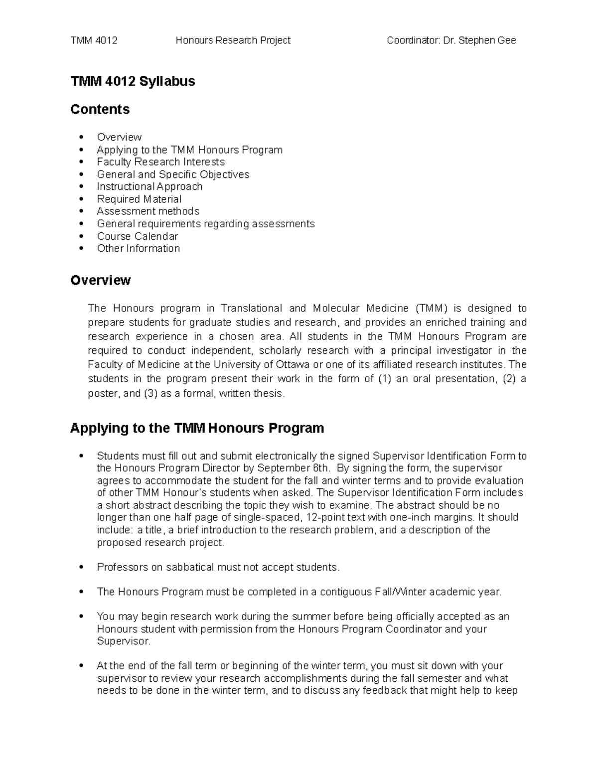 TMM 4012 Honour's Project Syllabus, General and Specific Objectives ...