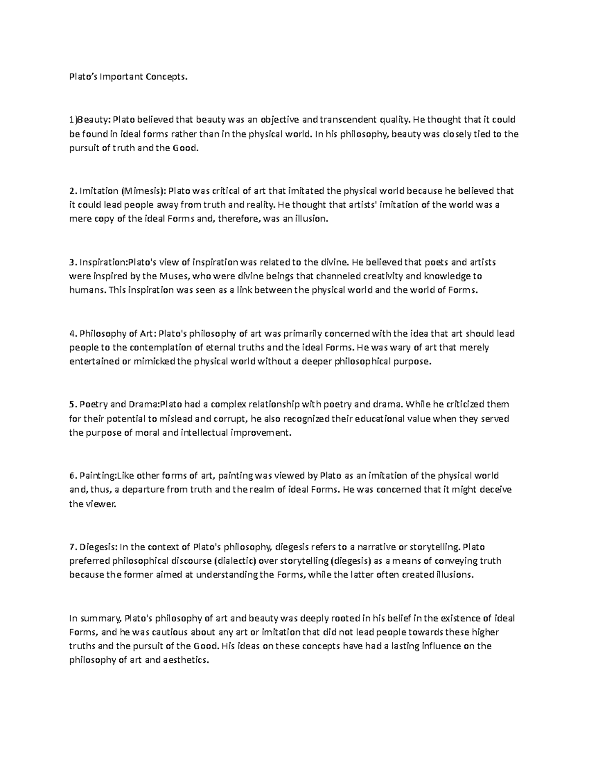 Plato concepts - Plato’s Important Concepts. 1)Beauty: Plato believed ...