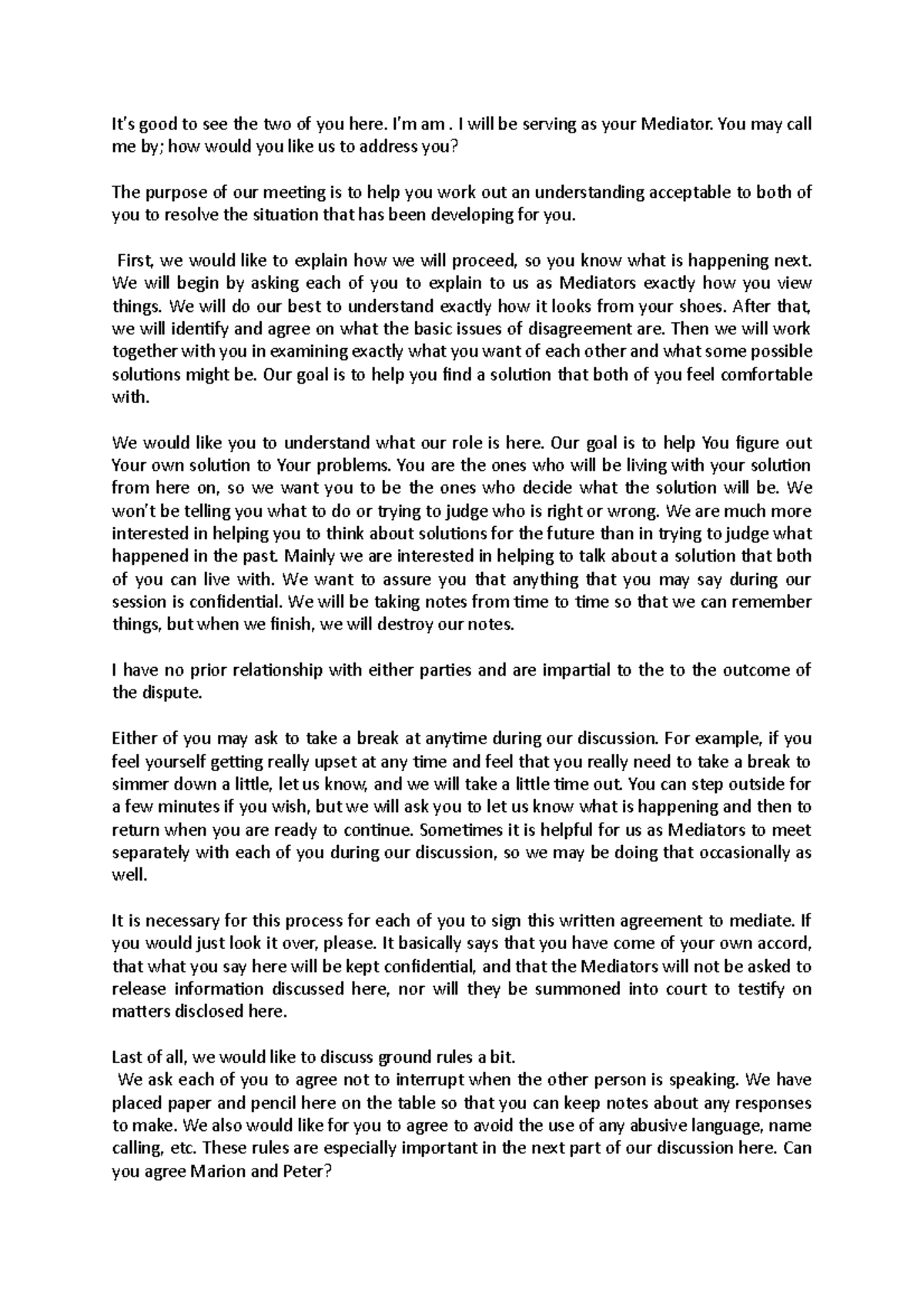 103 med pracrise - LLB103 mediation script - good to see the two of you ...