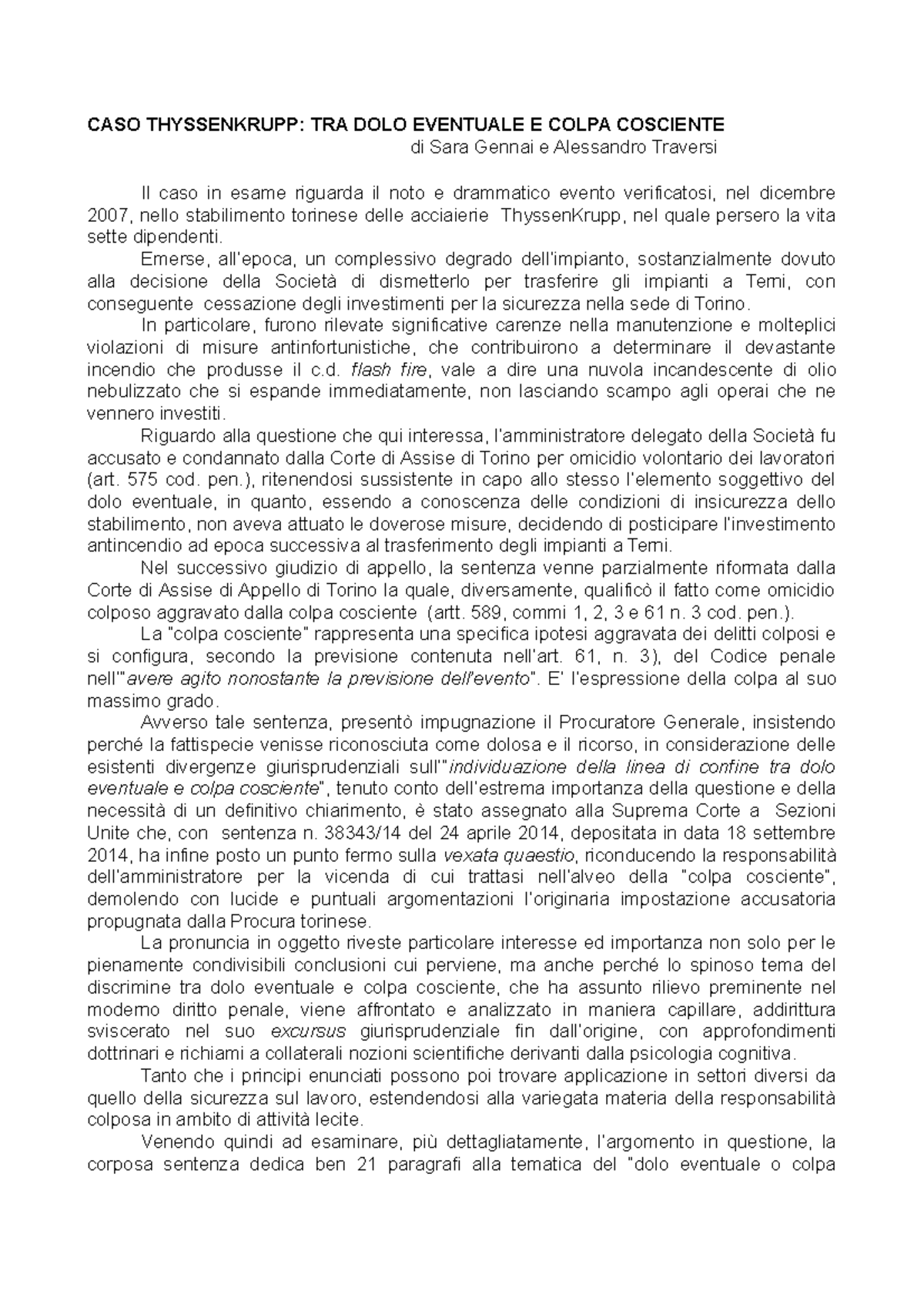CASO Thyssenkrupp google - CASO THYSSENKRUPP: TRA DOLO EVENTUALE E ...