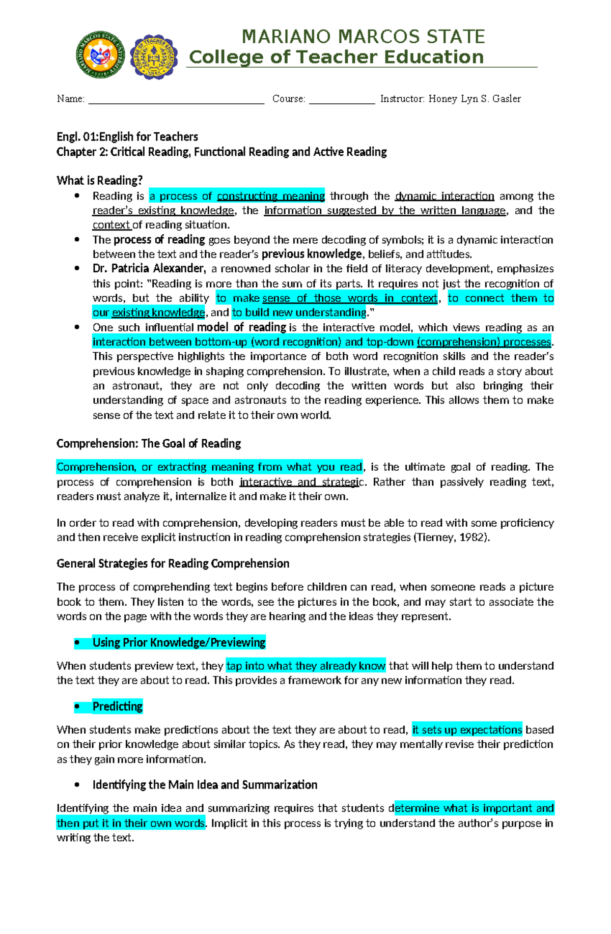 Chapter 2reading - i hope this lesson helps you - College of Teacher ...