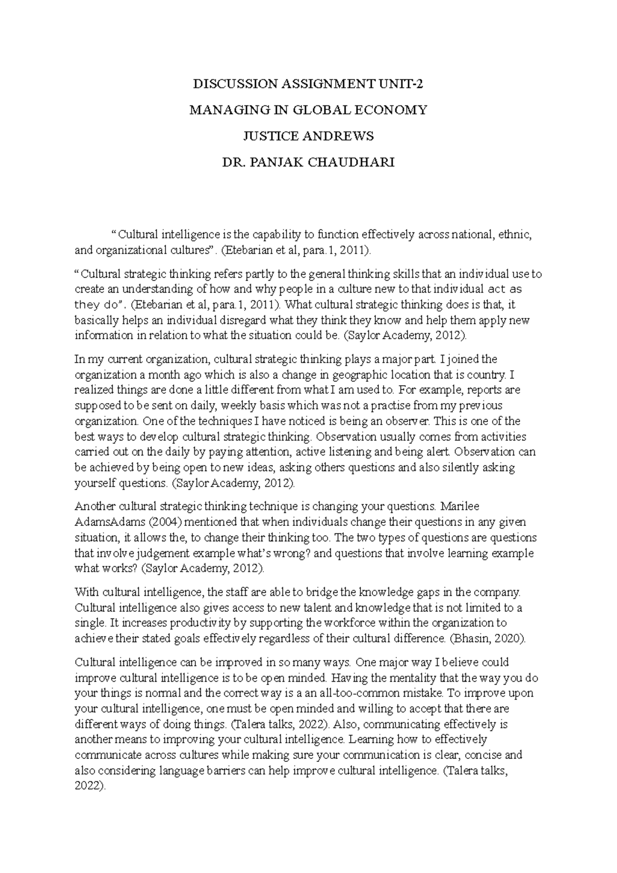 Discussion Unit 2 - Coursework - DISCUSSION ASSIGNMENT UNIT- MANAGING IN GLOBAL ECONOMY JUSTICE ...