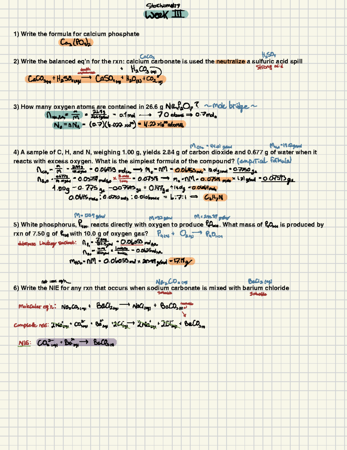 Qot W III (answers) - Stoichiometry - 1) Write the formula for calcium ...