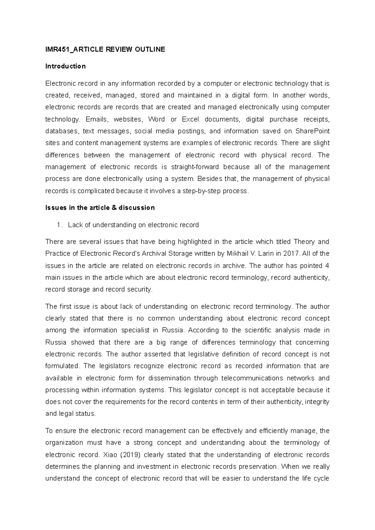 Article review outline - IMR451_ARTICLE REVIEW OUTLINE Introduction ...