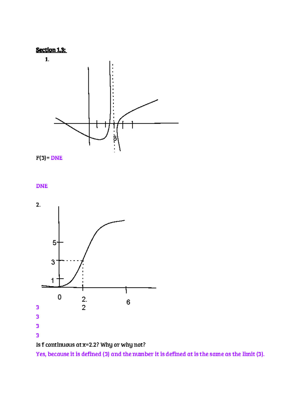 Math 1020 Limits and Continuity - Section 1. 3 : 1. F(3)= DNE DNE 2. 3 ...