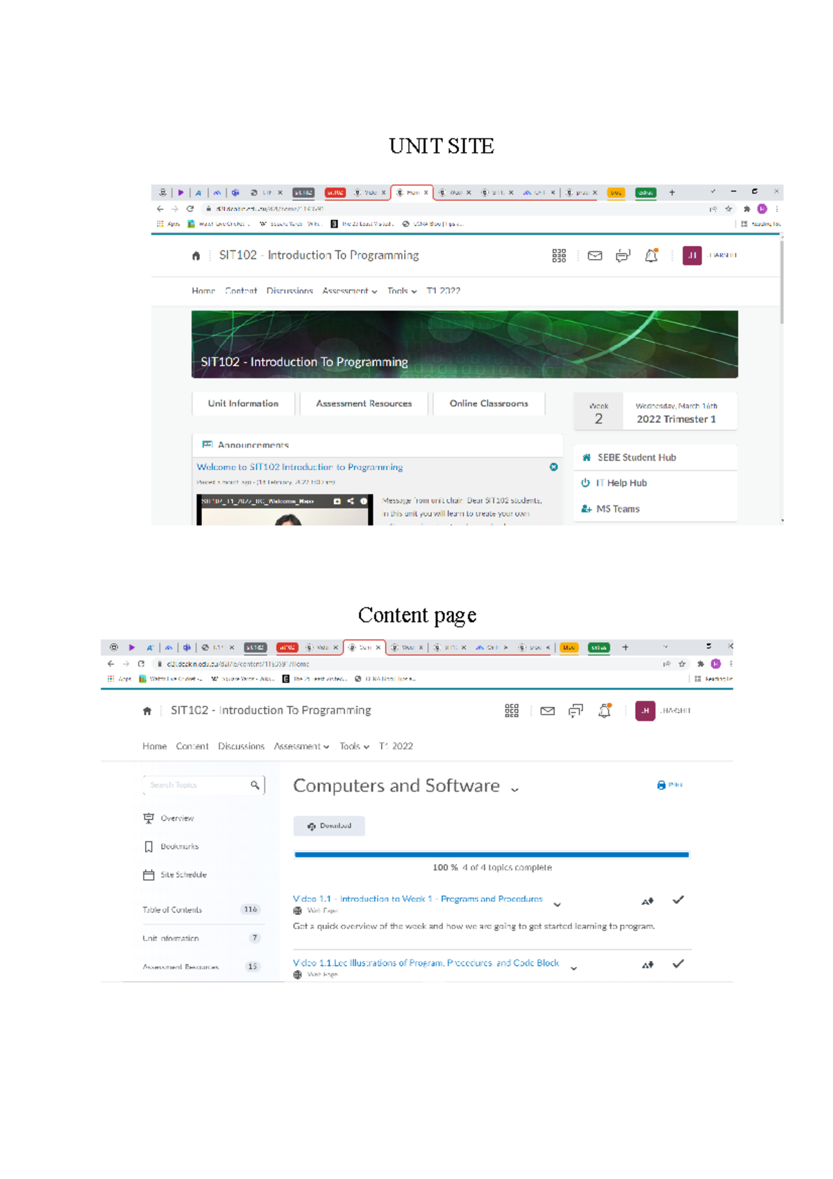 Screen shot 1 for the ontrack tasks - SIT102 - UNIT SITE Content page ...