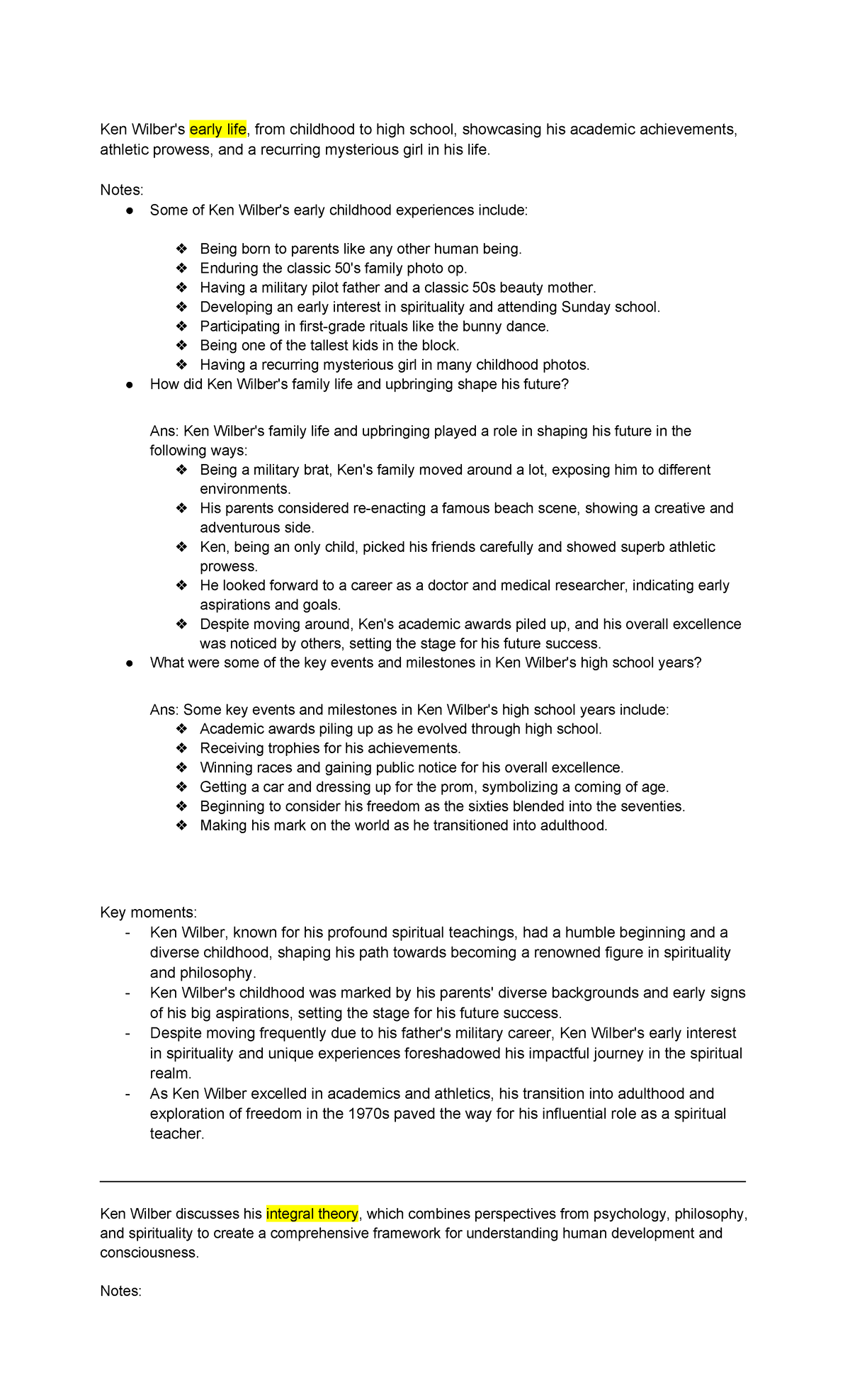 Tcw notes and summary - Ken Wilber's early life, from childhood to high ...