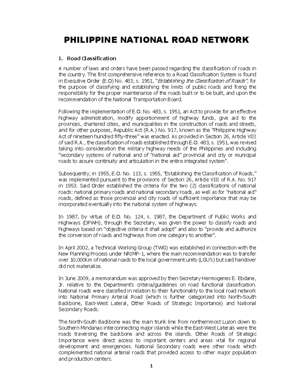 DPWH Road Classification - PHILIPPINE NATIONAL ROAD NETWORK I. Road ...