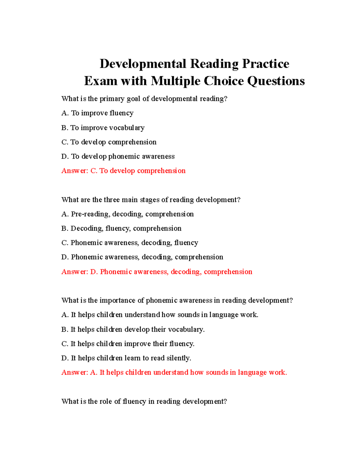 Developmental Reading Practice Exam with Multiple Choice Questions - To improve fluency B. To ...