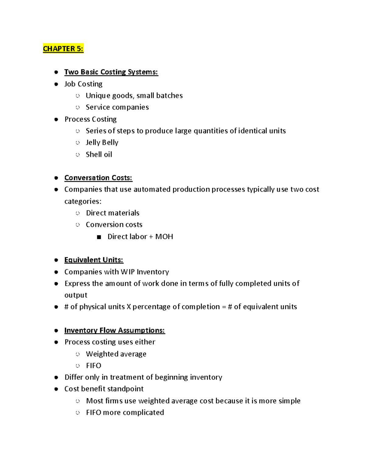 Managerial Accounting Notes Five Chapter 5 Two Basic Costing Systems Job Costing Unique