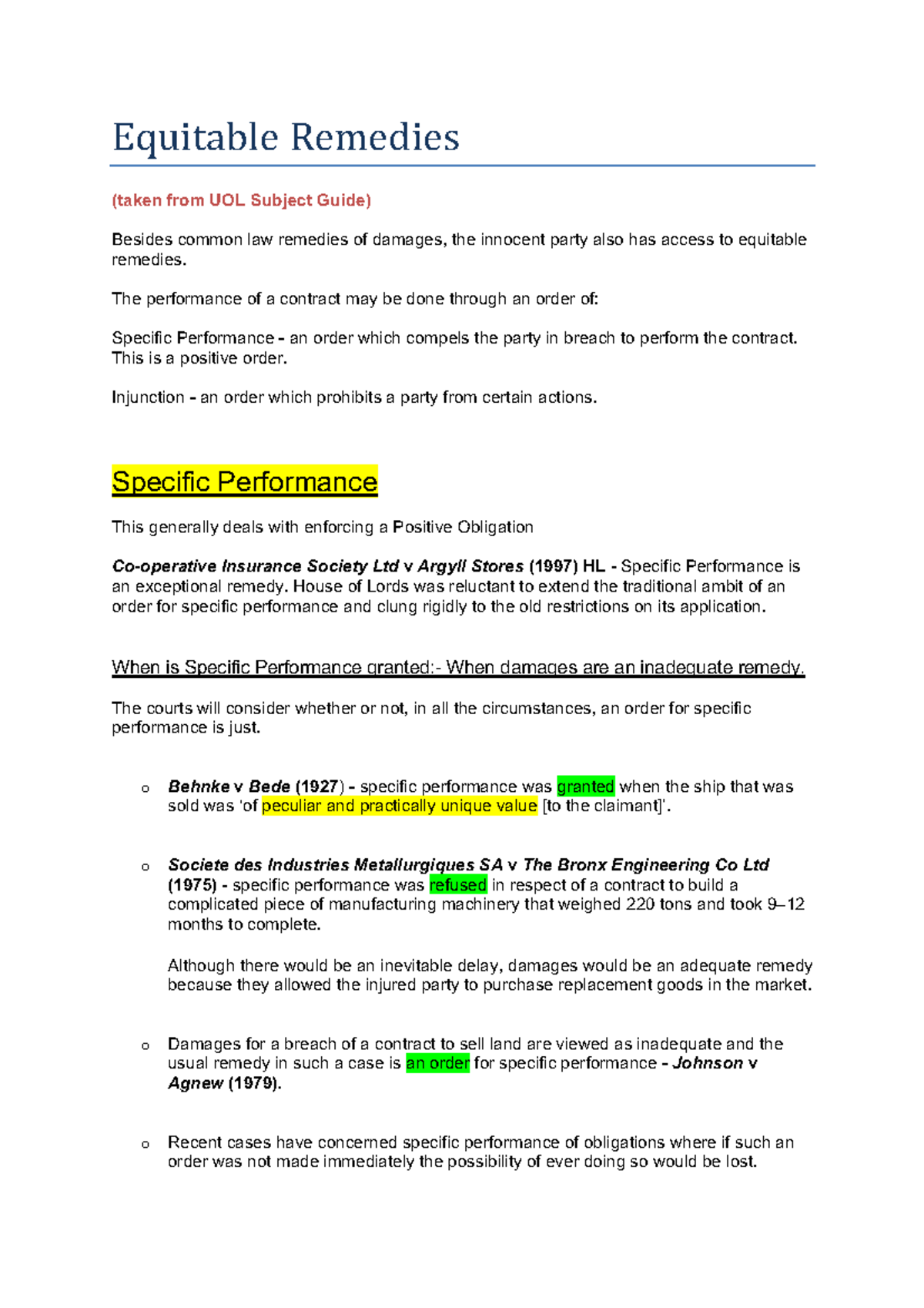 BNR 3 - Equitable Remedies (taken from UOL Subject Guide) Besides ...