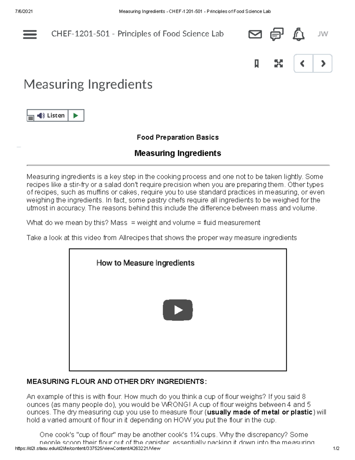 Measuring Ingredients - CHEF-1201-501 - Principles of Food Science Lab ...