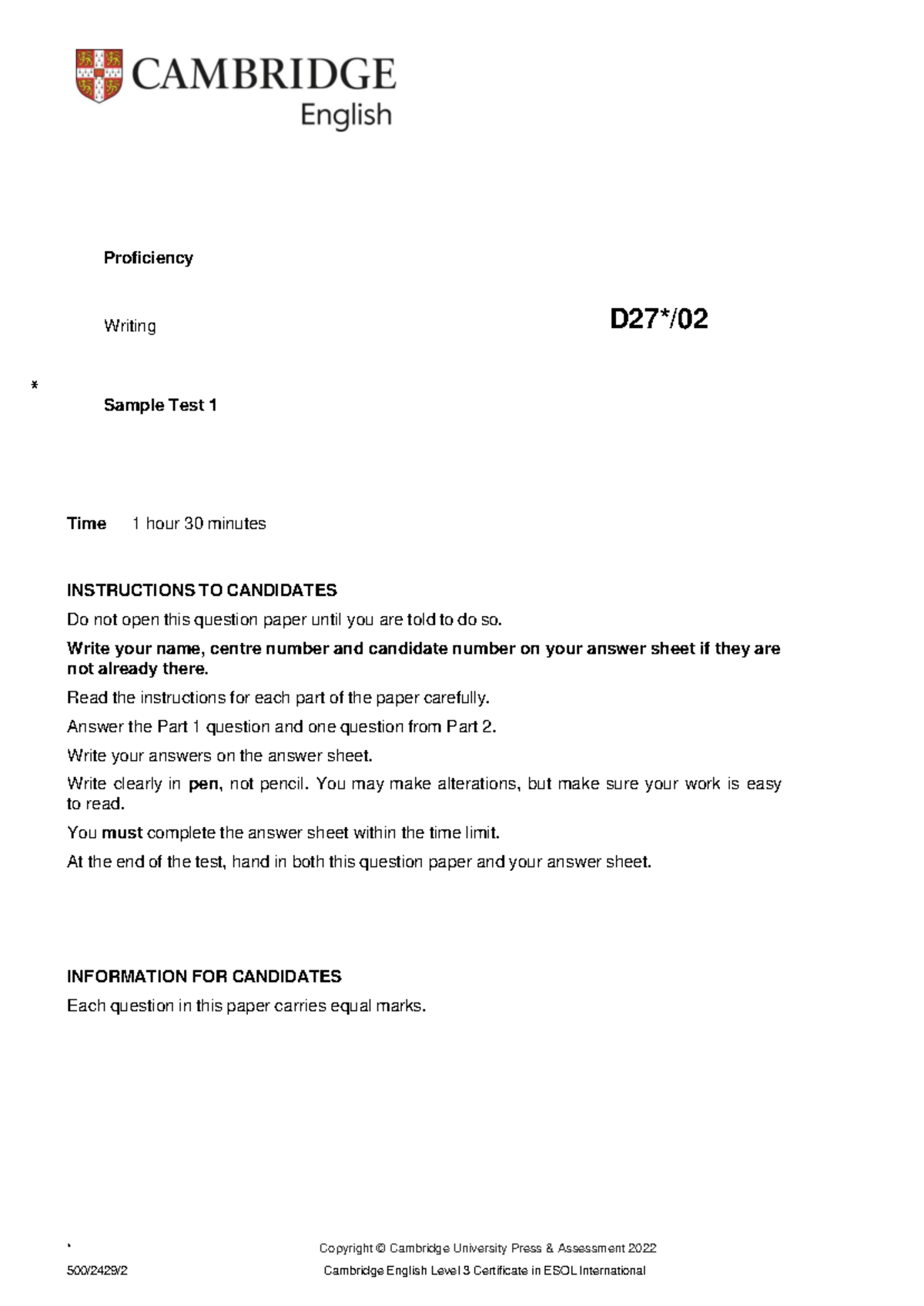 C2 Proficiency sample paper 1 Writing - Proficiency Writing D27 ...