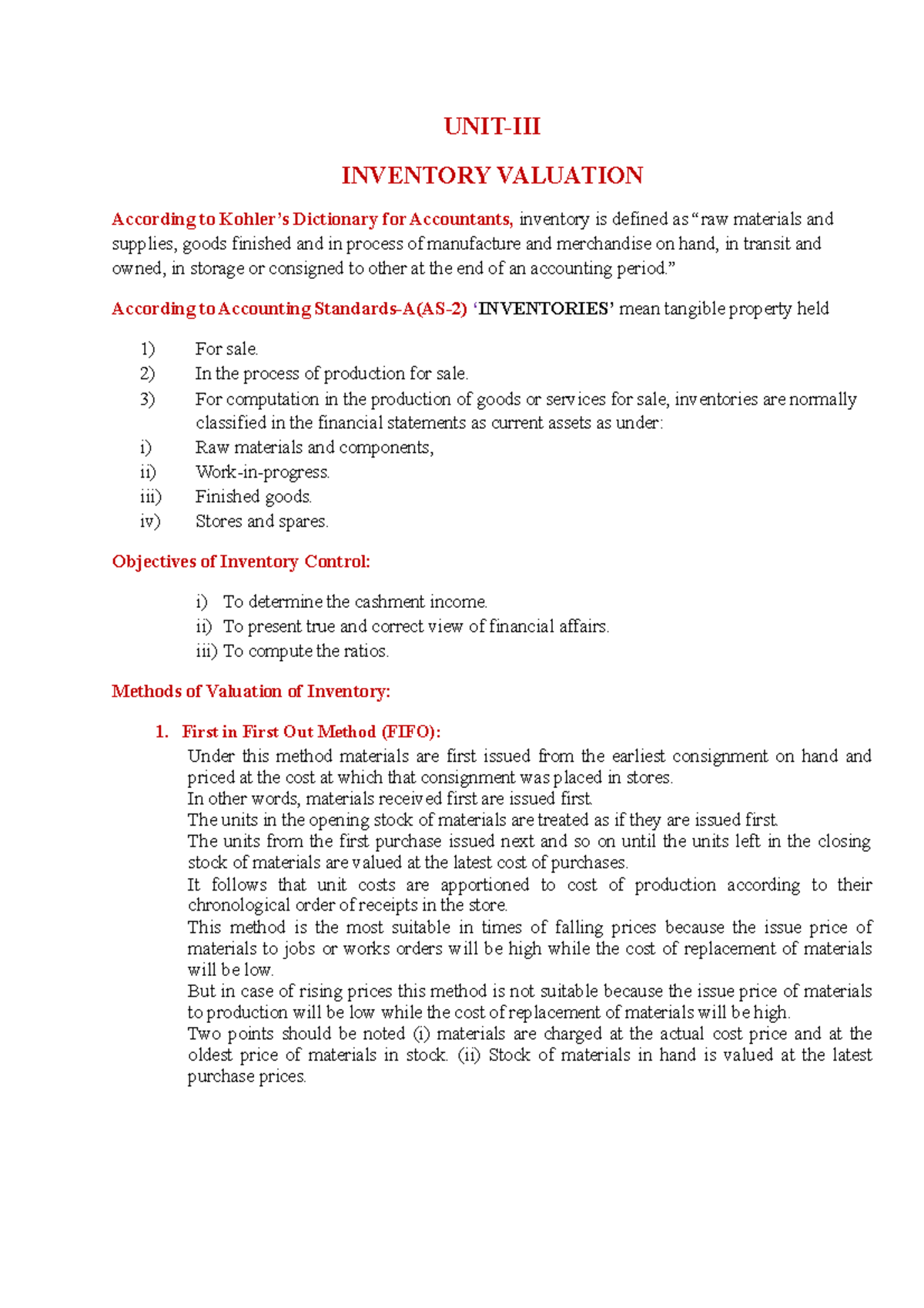 Chapter 7 AMF - UNIT-III INVENTORY VALUATION According to Kohler’s ...