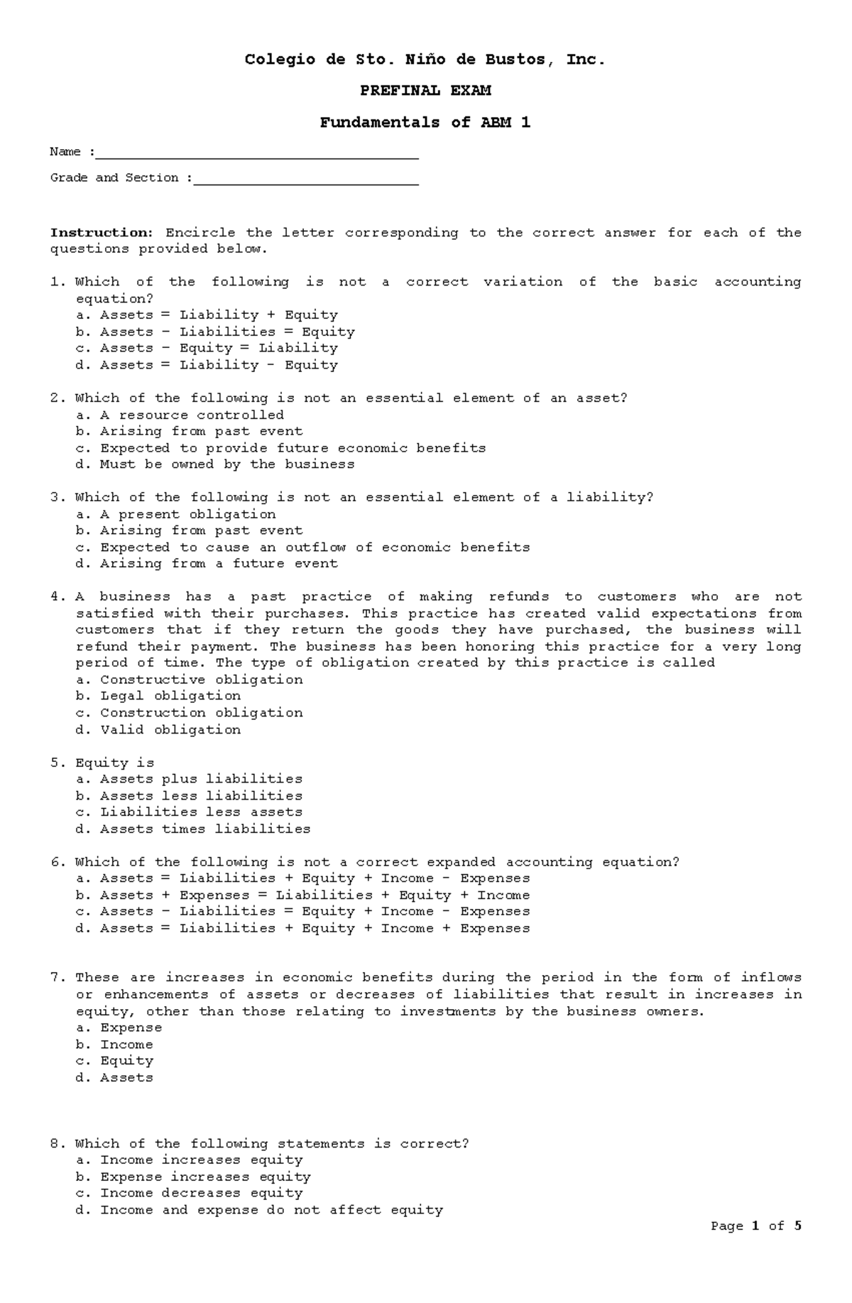 Prefinal EXAM - Fundamentals of ABM1 - Colegio de Sto. Niño de Bustos ...