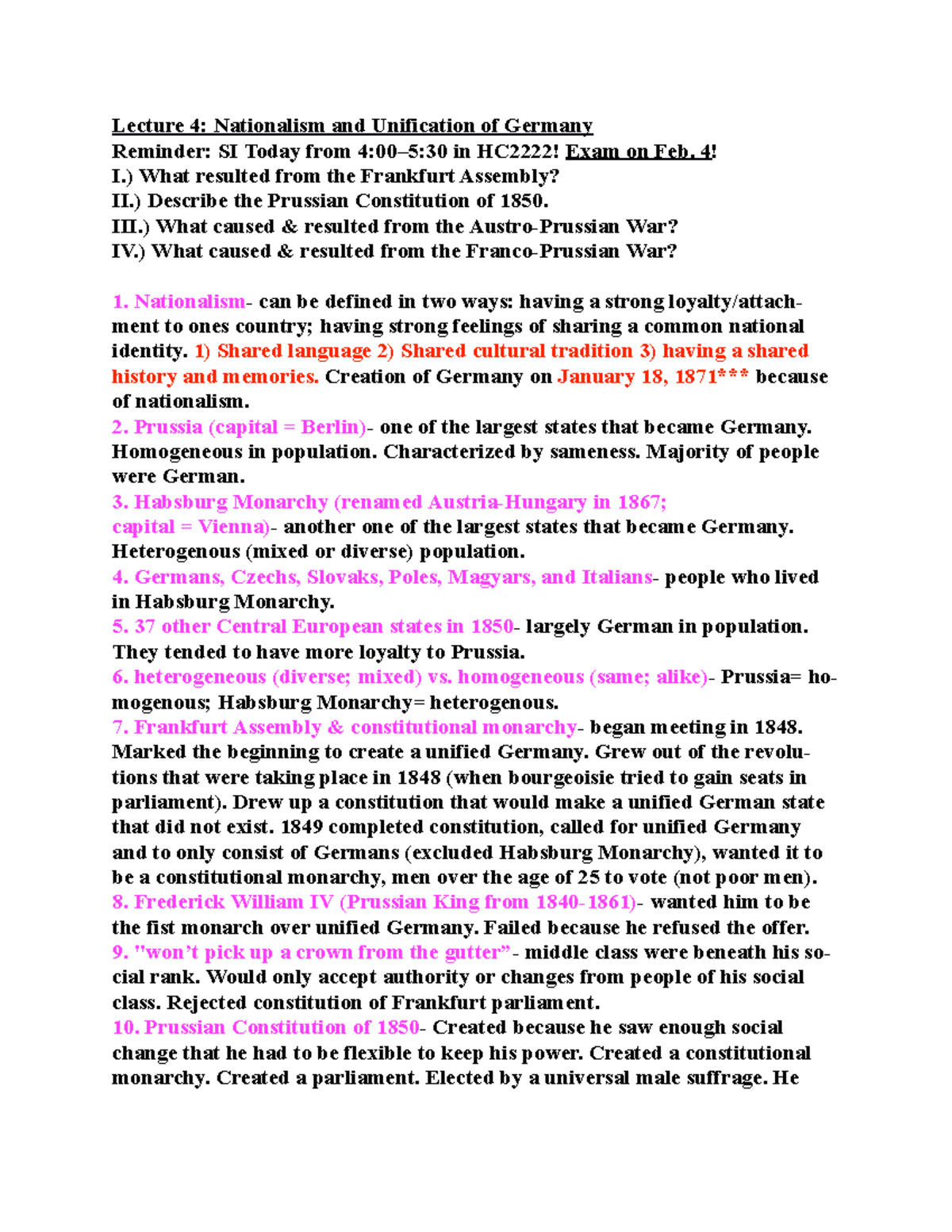 Lecture 4 notes WH - Lecture 4: Nationalism and Unification of Germany ...