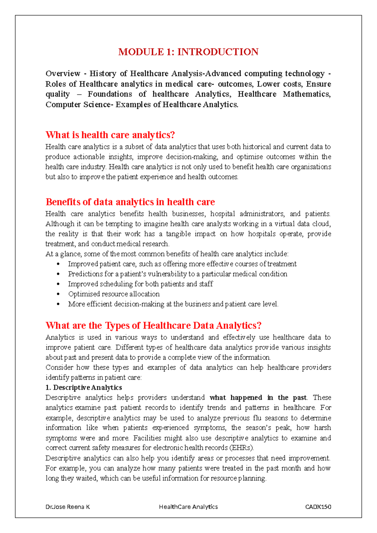 Health CARE Analytics Module 1 - MODULE 1: INTRODUCTION Overview ...