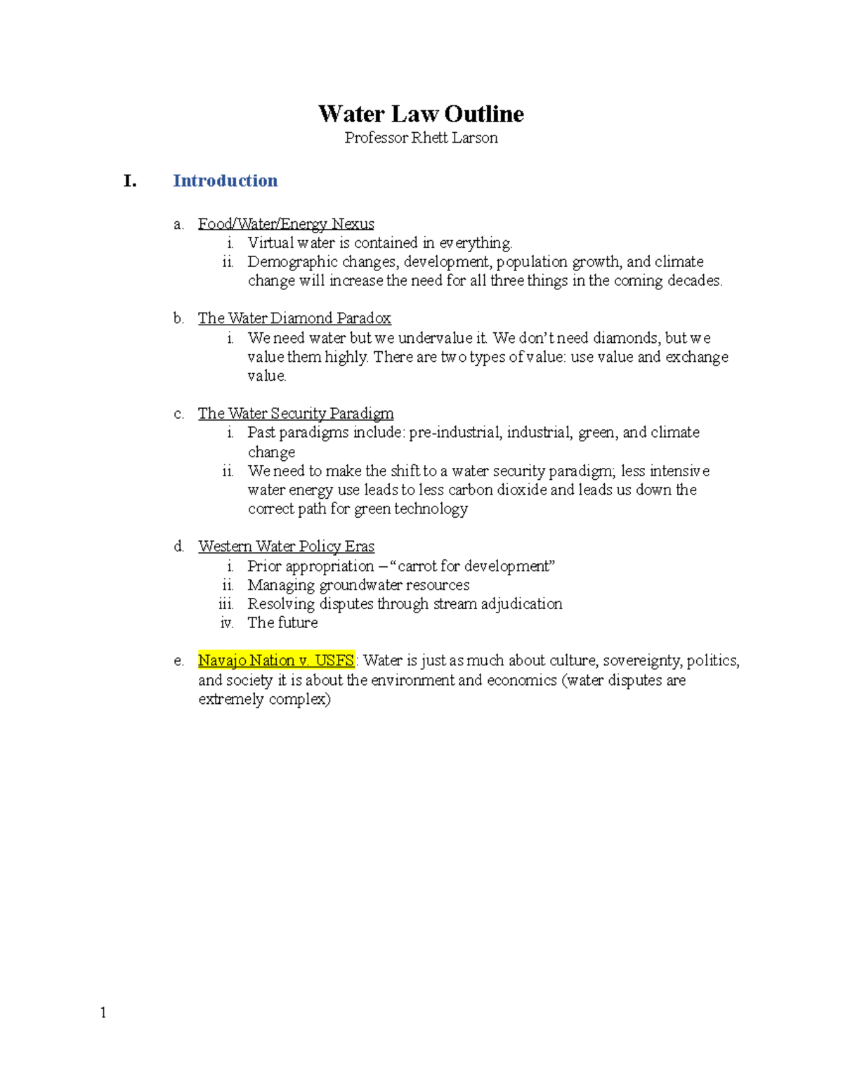 Fall 2021 Water Law Larson - Water Law Outline Professor Rhett Larson I ...