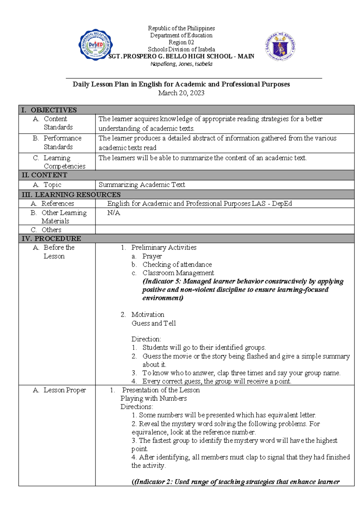 DLP Class Observation - Republic of the Philippines Department of ...