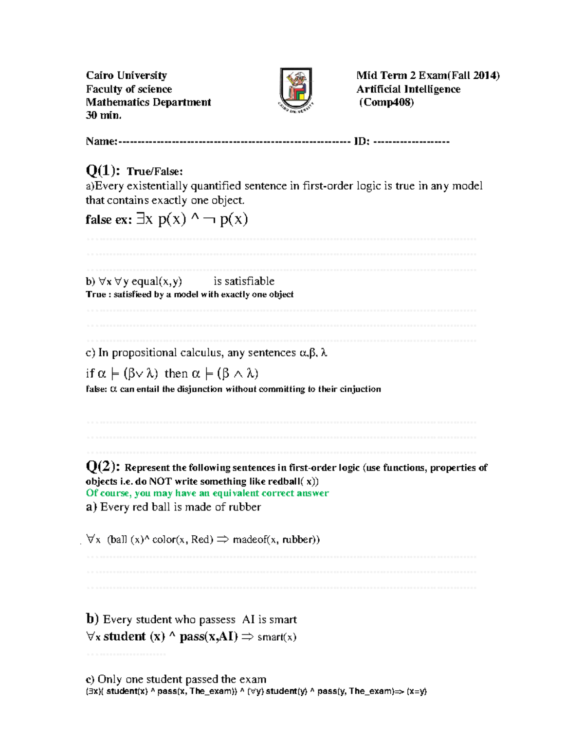 Mid Term 2 Exam(Fall 2014 ) sol - Cairo University Mid Term 2 Exam(Fall 2014) Faculty of science ...