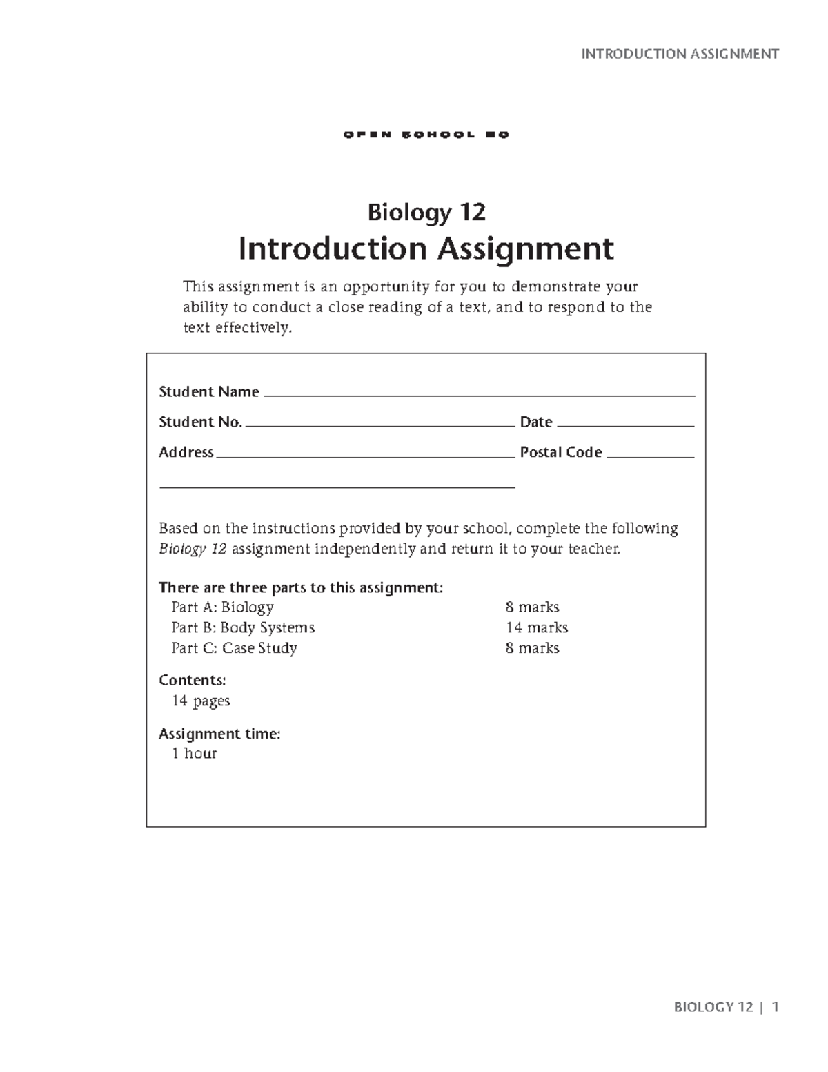 Bi12 intro assn - mmu - BIOLOGY 12 | 1 Biology 12 Introduction ...
