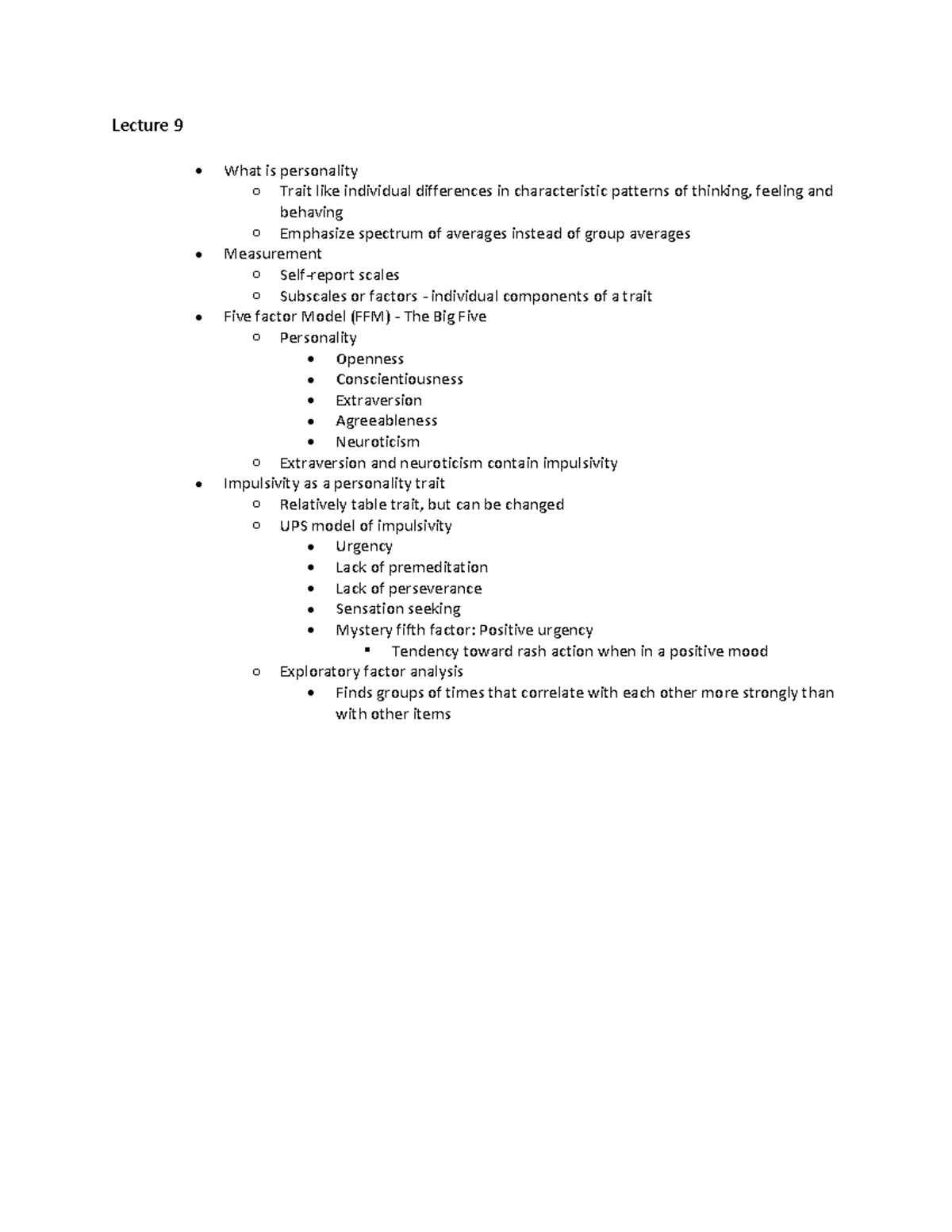 Lecture 9 - Taught by Prof. Fortgang - Lecture 9 What is personality o ...