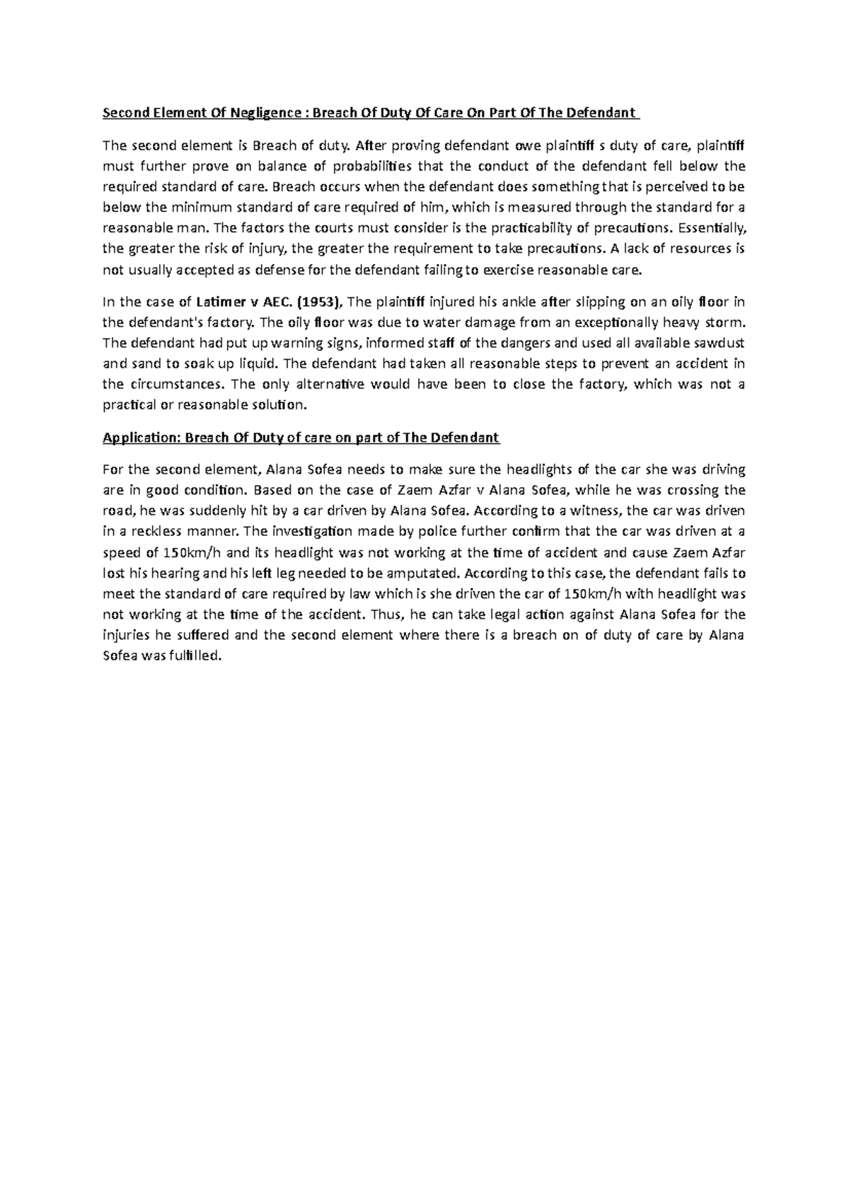 LAW245- Tutorial Question WEEK 11 - Second Element Of Negligence ...