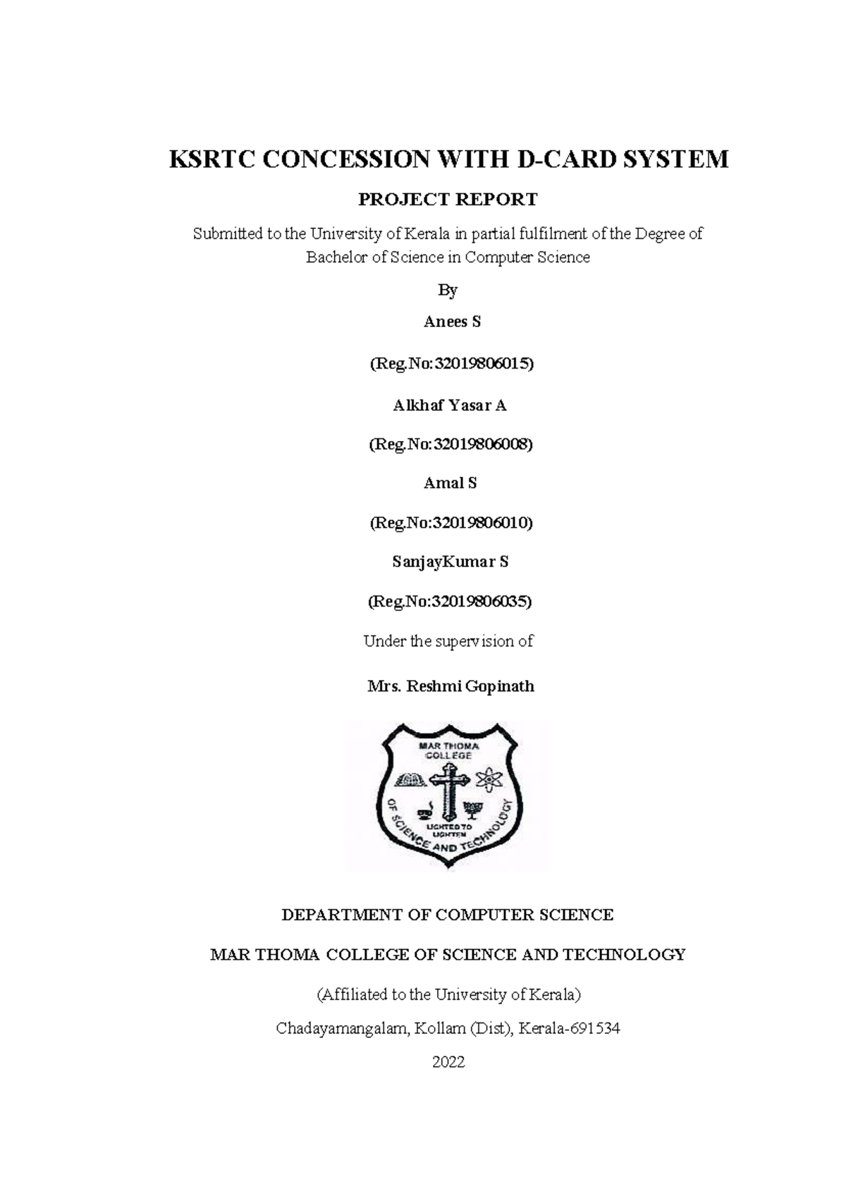 Ksrtc document full - KSRTC CONCESSION WITH D-CARD SYSTEM PROJECT REPORT Submitted to the ...