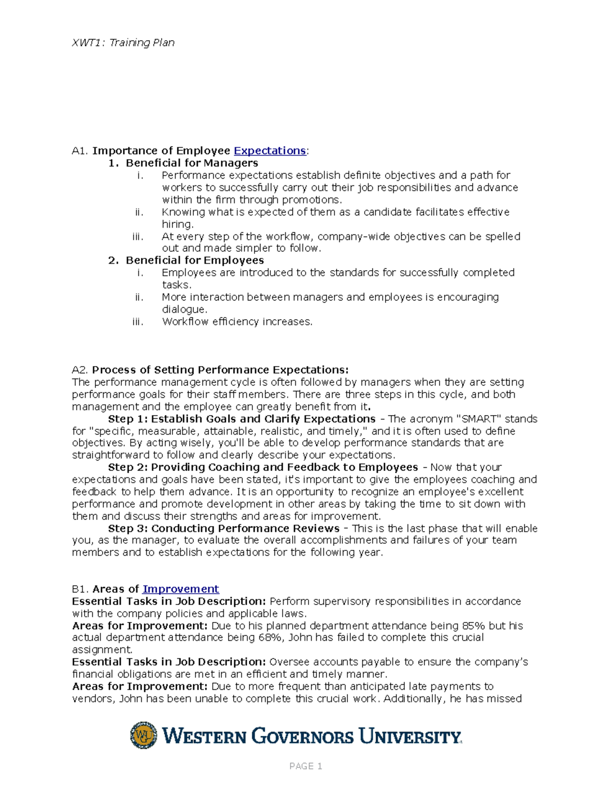 C235 Task 2 - Task 2 - XWT1: Training Plan A1. Importance of Employee ...