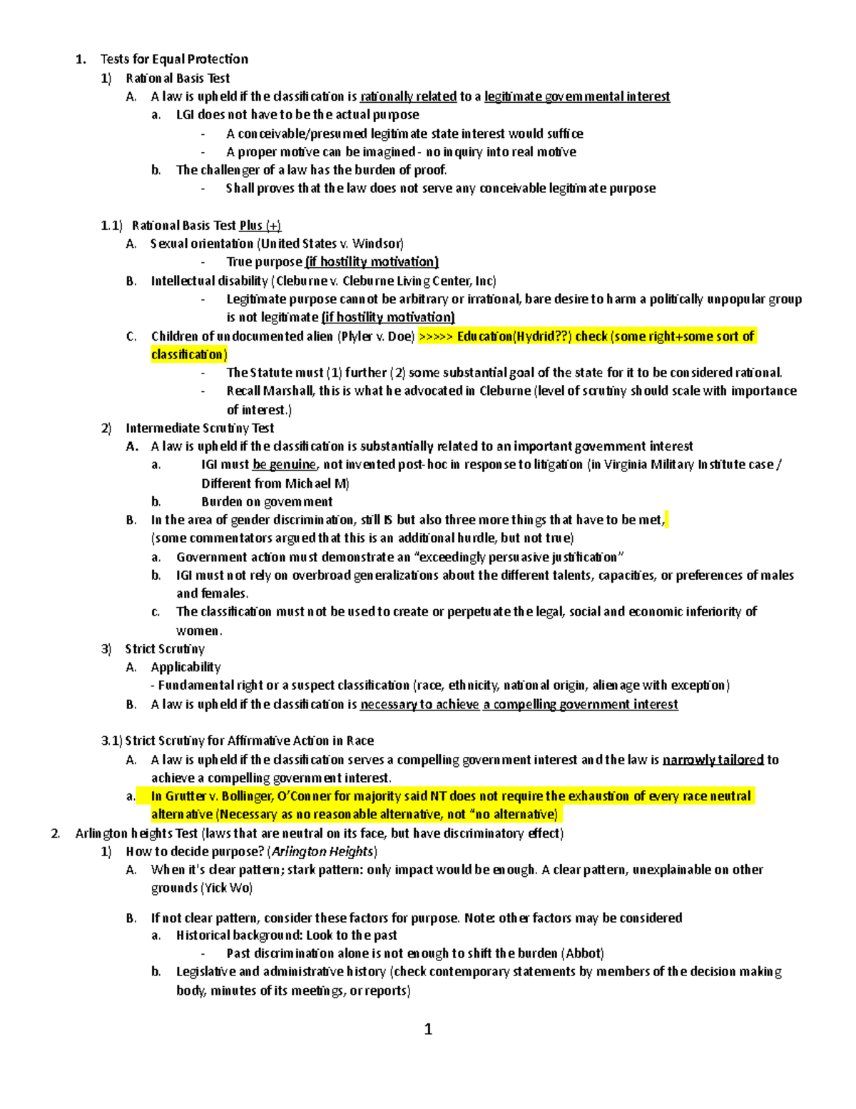 Equal Protection Outline - 1. Tests for Equal Protection 1) Rational ...