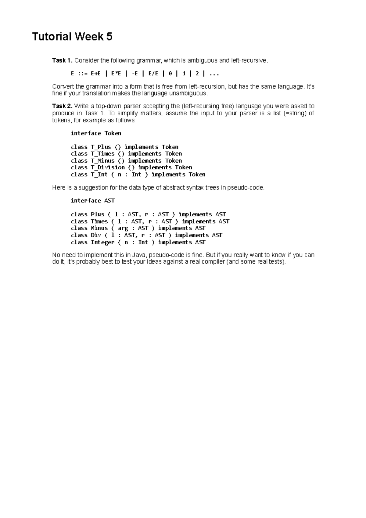 Tutorial Week 5 - Exercise Sheet - Tutorial Week 5 Task 1. Consider the ...