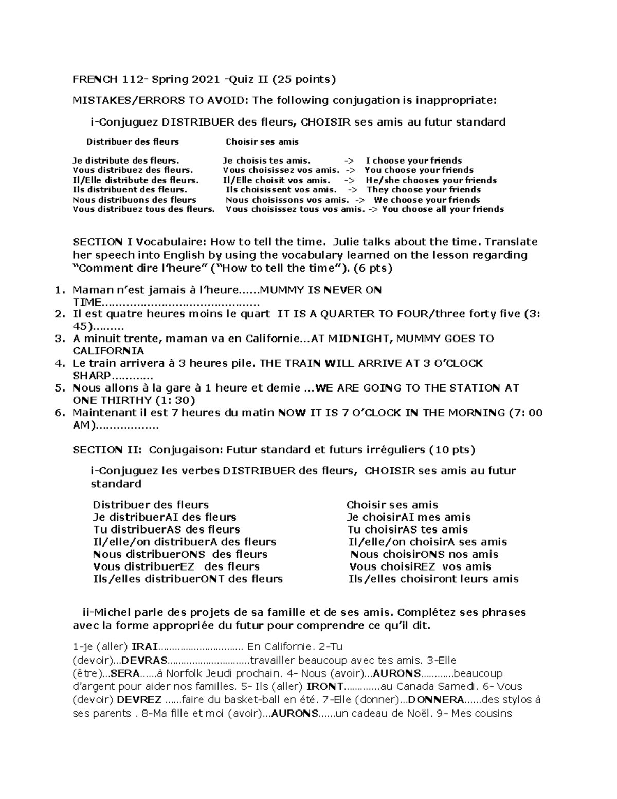 French 112- Correction of Quiz II - Spring 2021 - FRENCH 112- Spring ...
