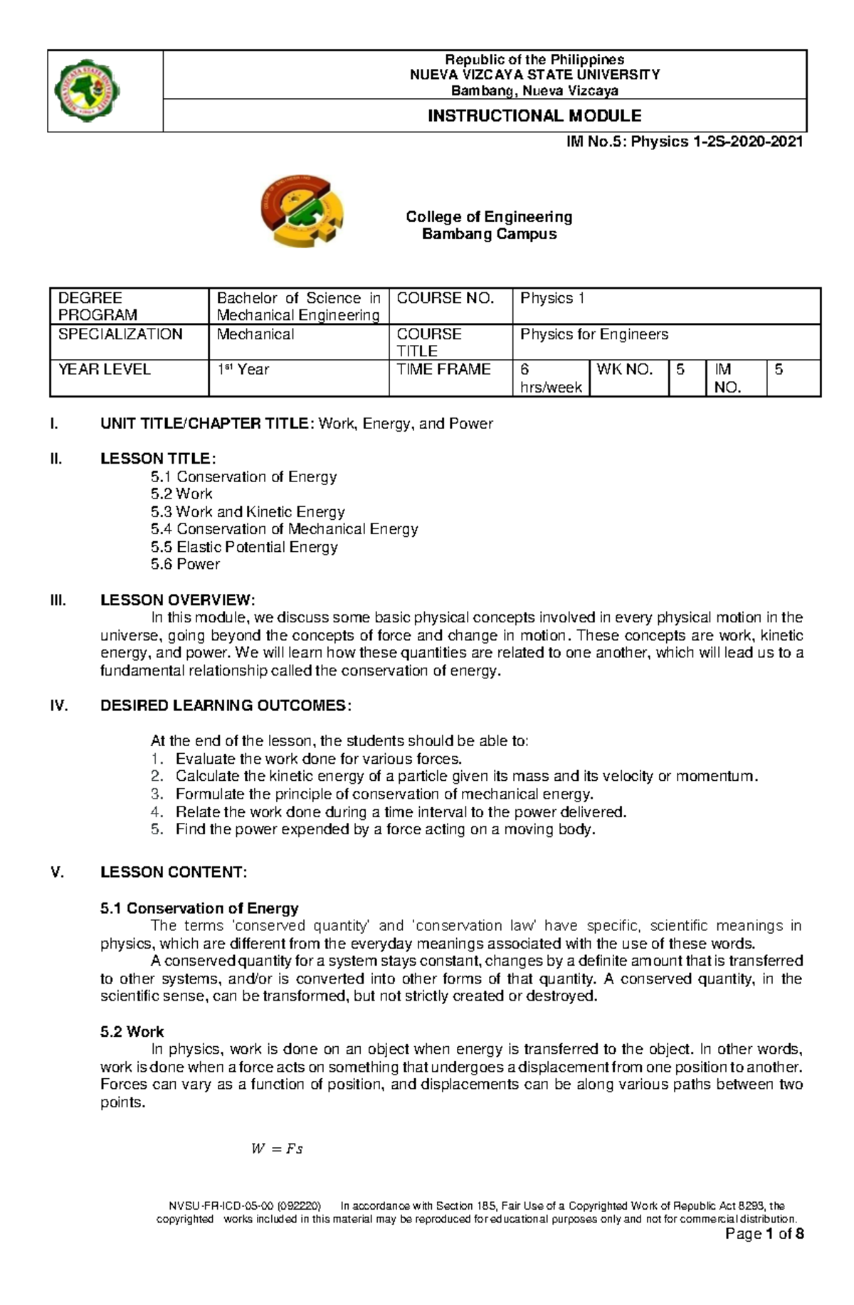Physics for Engineers IM5 - NUEVA VIZCAYA STATE UNIVERSITY Bambang ...