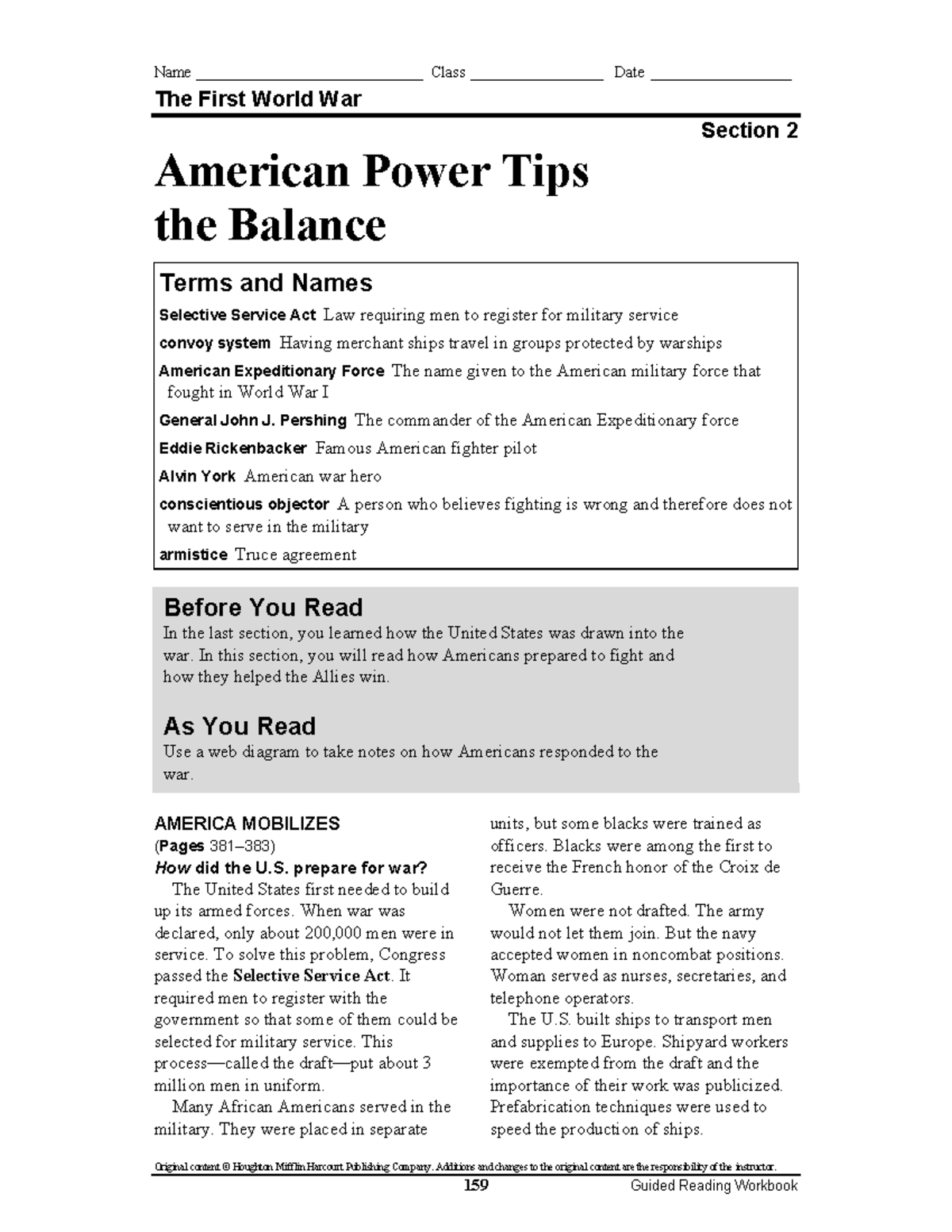 guided reading page 159 chapter 22 - The First World War Section 2 ...