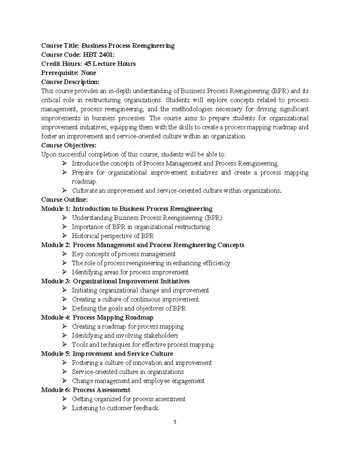 HBT 2401 BPR Course Outline - Course Title: Business Process ...
