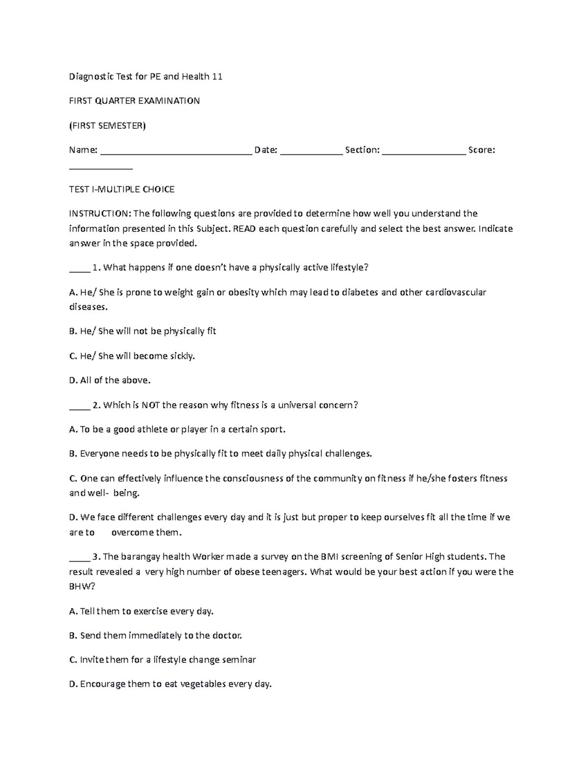 P.E AND Health 11 Diagnostic Test-WPS Office - Diagnostic Test for PE ...